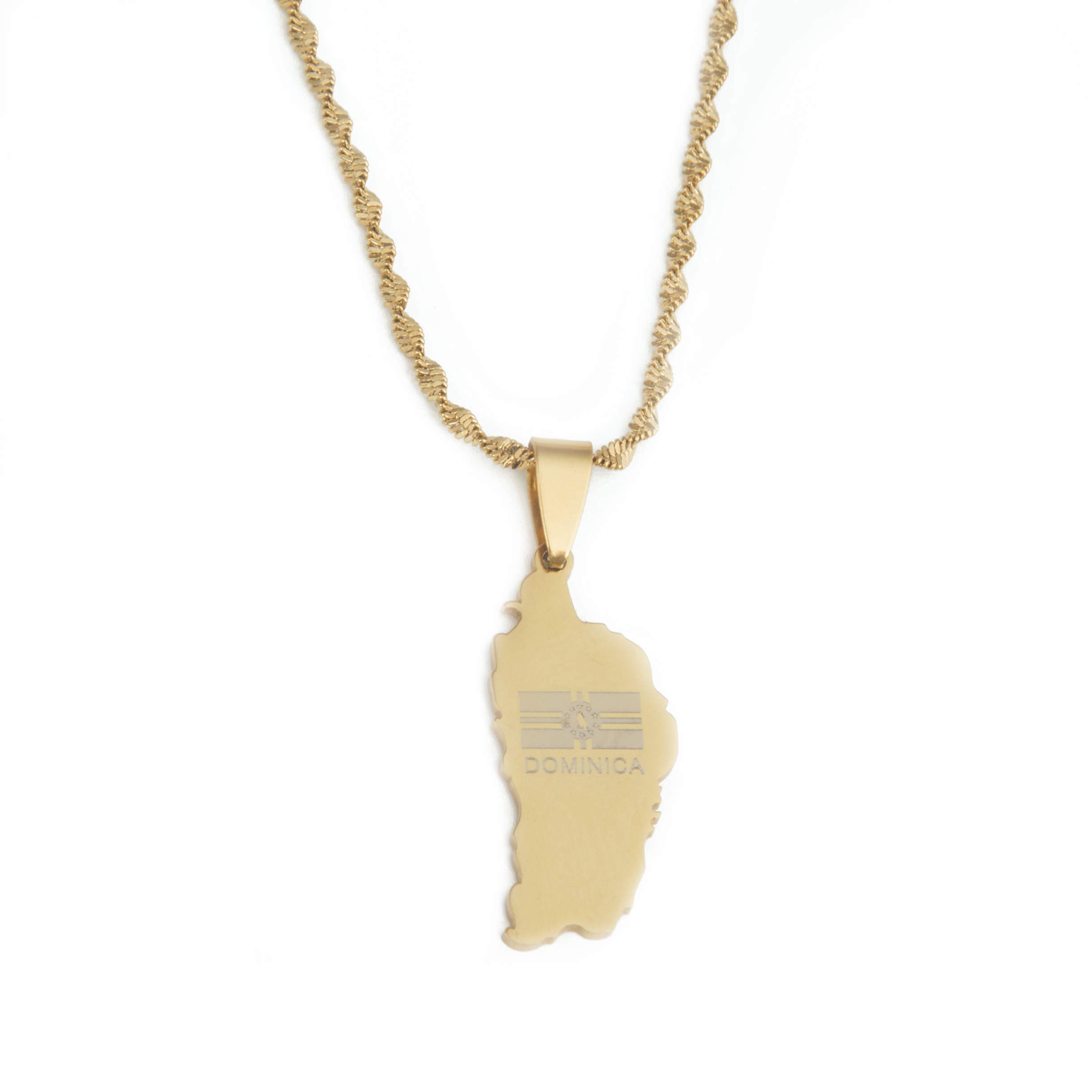 Stainless Steel The Commonwealth of Dominica Map Flag Pendant Chain