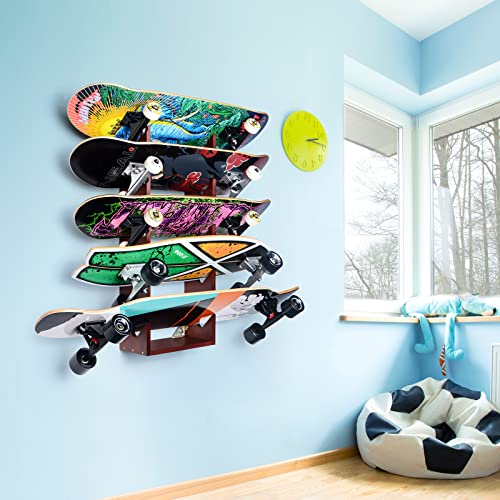 Sunix Skateboard Wall Mount Display Rack, Wooden Skateboard Wall Rack with Five-Layer for Deck, Longboard, Snowboard, Skateboard Accessories for Home or Garage | Space-Saving Storage