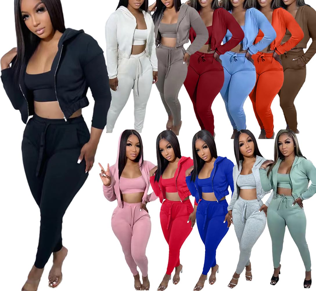 Womens Long Sleeves 3 piece Outfits Zip Up Jacket Crop Top + Tanks + Long Pants Sweatsuits Tracksuit Workout 2 Piece Set