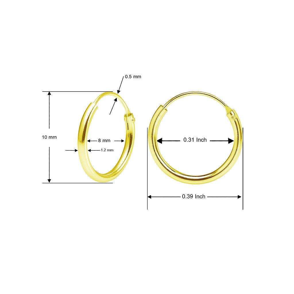 Sterling Silver 5 Pair Set 10mm Thin Round Unisex Endless Hoop Earrings for Women & Men (Yellow Gold)