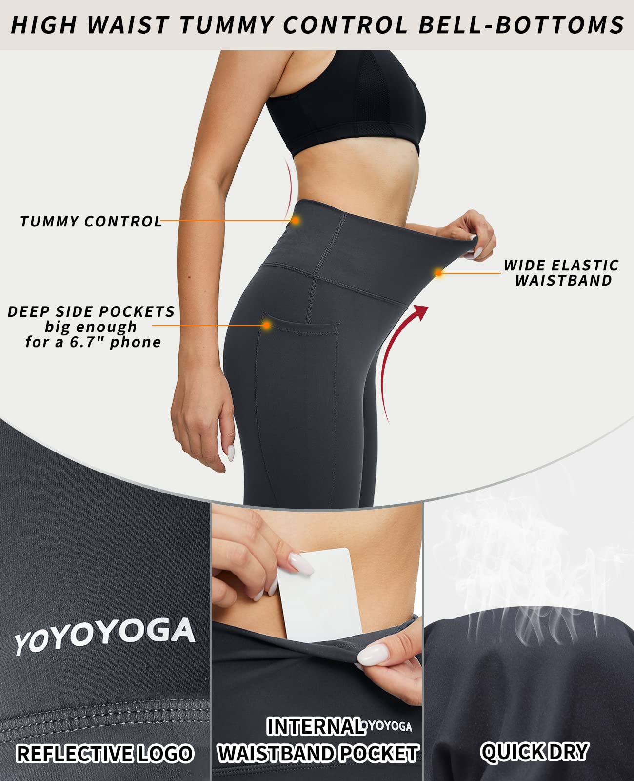 YOYOYOG Women's Athletic Pants with Pockets Bell Bottom Leggings Soft High Waisted Flare Yoga Pants wor Work Gym 2X-Large Gray