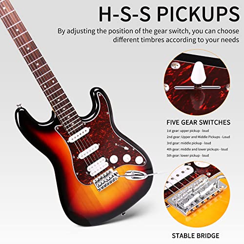 TOSTAR Electric Guitar Kit, 39 Inch Solid Right Hand Guitar Electric for Beginners with Amp + Straps + 4*Guitar Picks + 6*String Set + Tuner + Cable + Electric Guitar Bag (Sunburst)