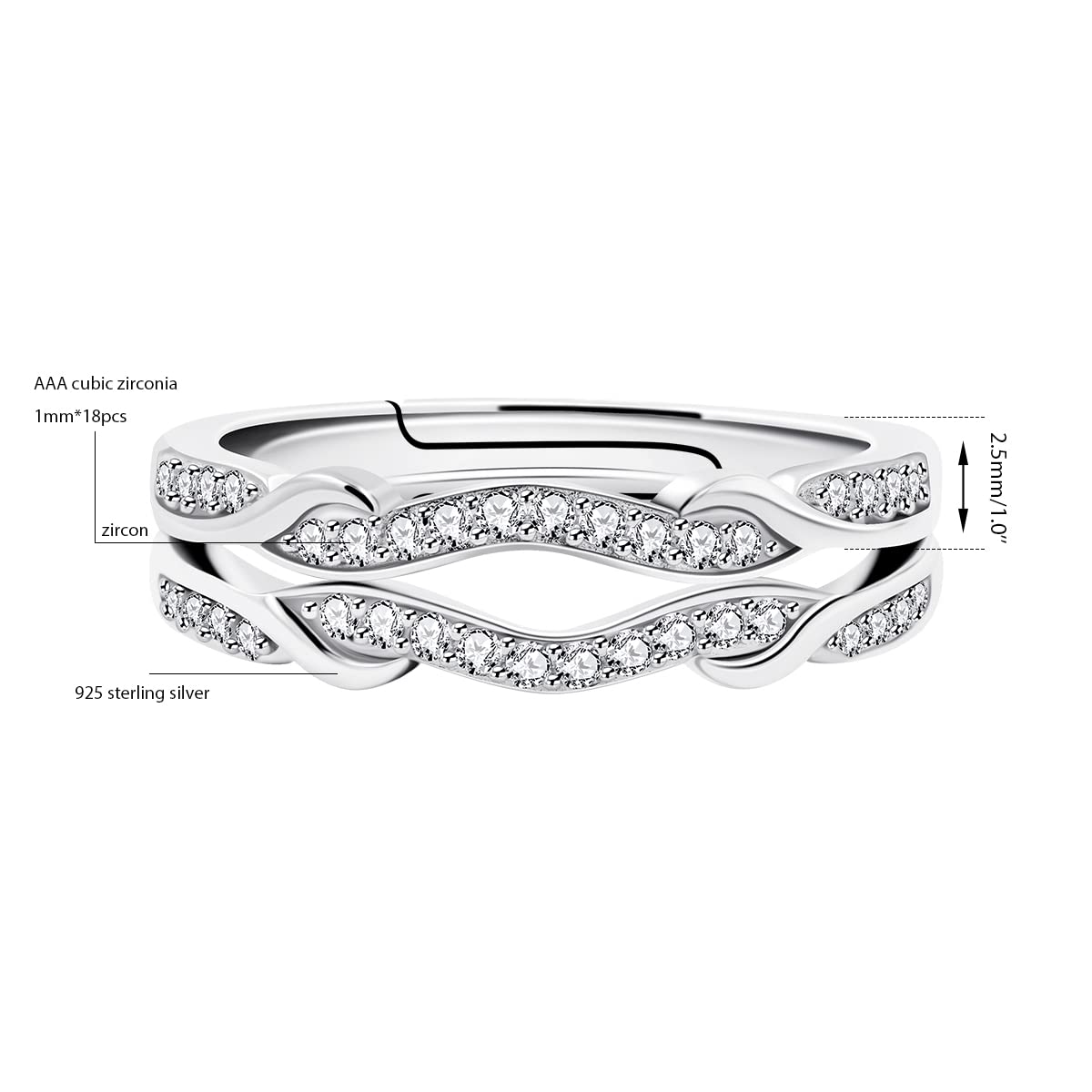 Uloveido Sterling Silver Infinity Bypass Engagement Ring Cubic Zirconia Double Wedding Band Guard Enhancer Y1522 (Size 7)