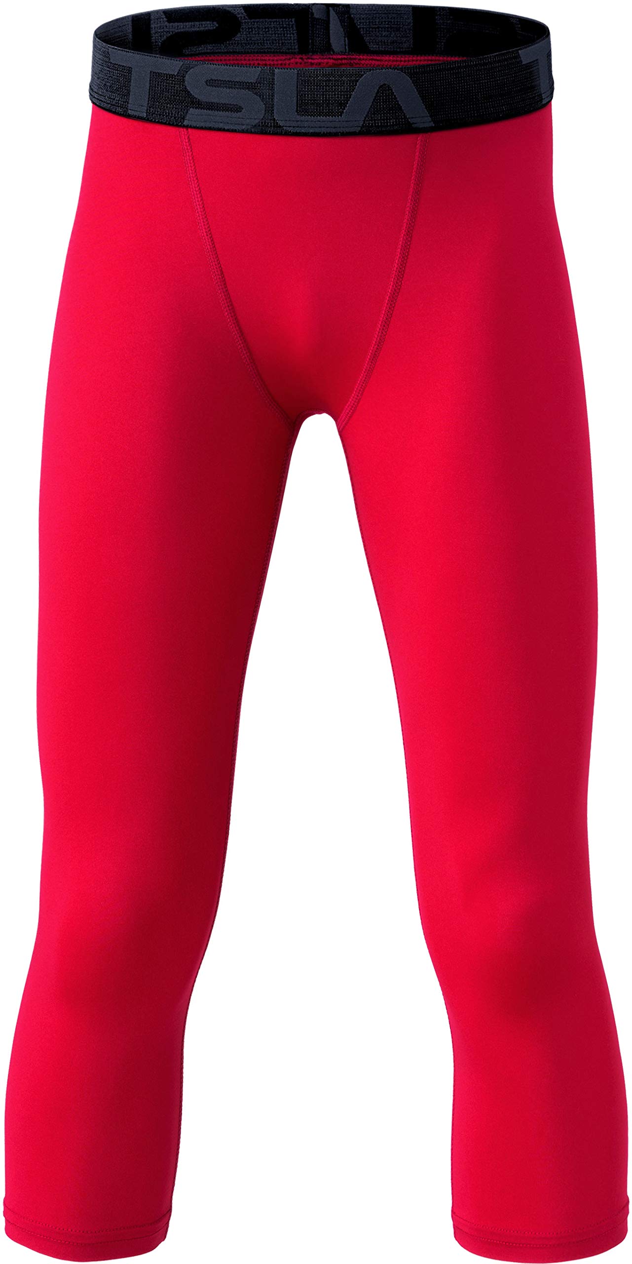 TSLA Boys Youth UPF 50+ Compression Pants Baselayer, Cool Dry Running Tights, 4-Way Stretch Workout Leggings, 3/4 Length Red, 12