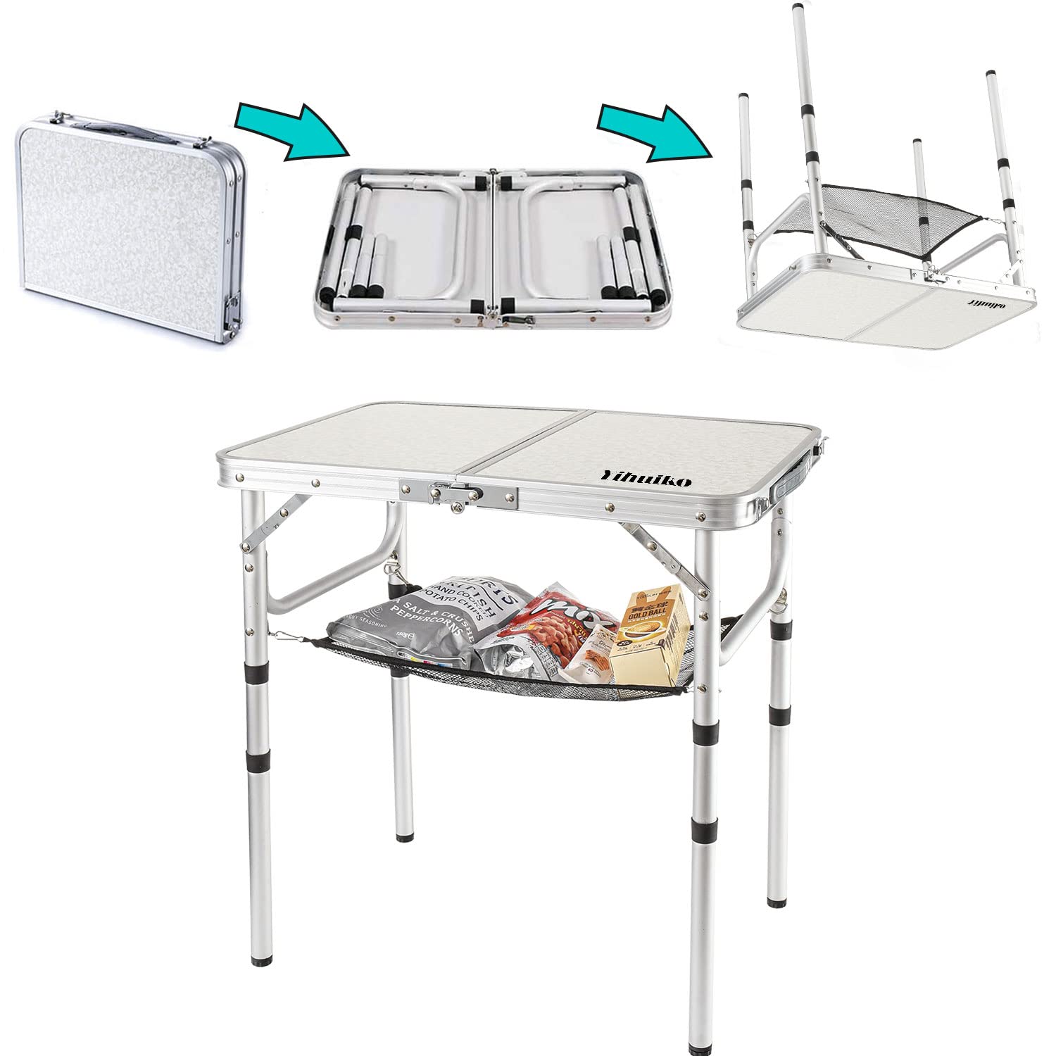 YihuiKo Little Folding Camping Table Portable Adjustable 3 Heights Lightweight Aluminum Folding Table for Outdoor Camp Picnic,23.6"x 15.8" 3 Heights