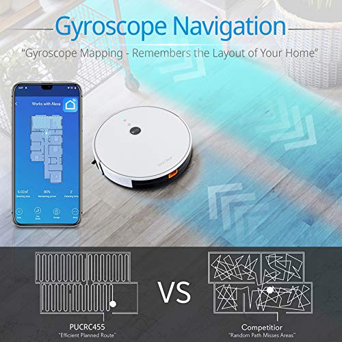 Pure Clean Robotic Vacuum Cleaner - 1100Pa Suction - Wifi Mobile App and Gyroscope Mapping - Ultra Thin 2.9β Height Cleans Carpets and Hardwood Floor - PUCRC455