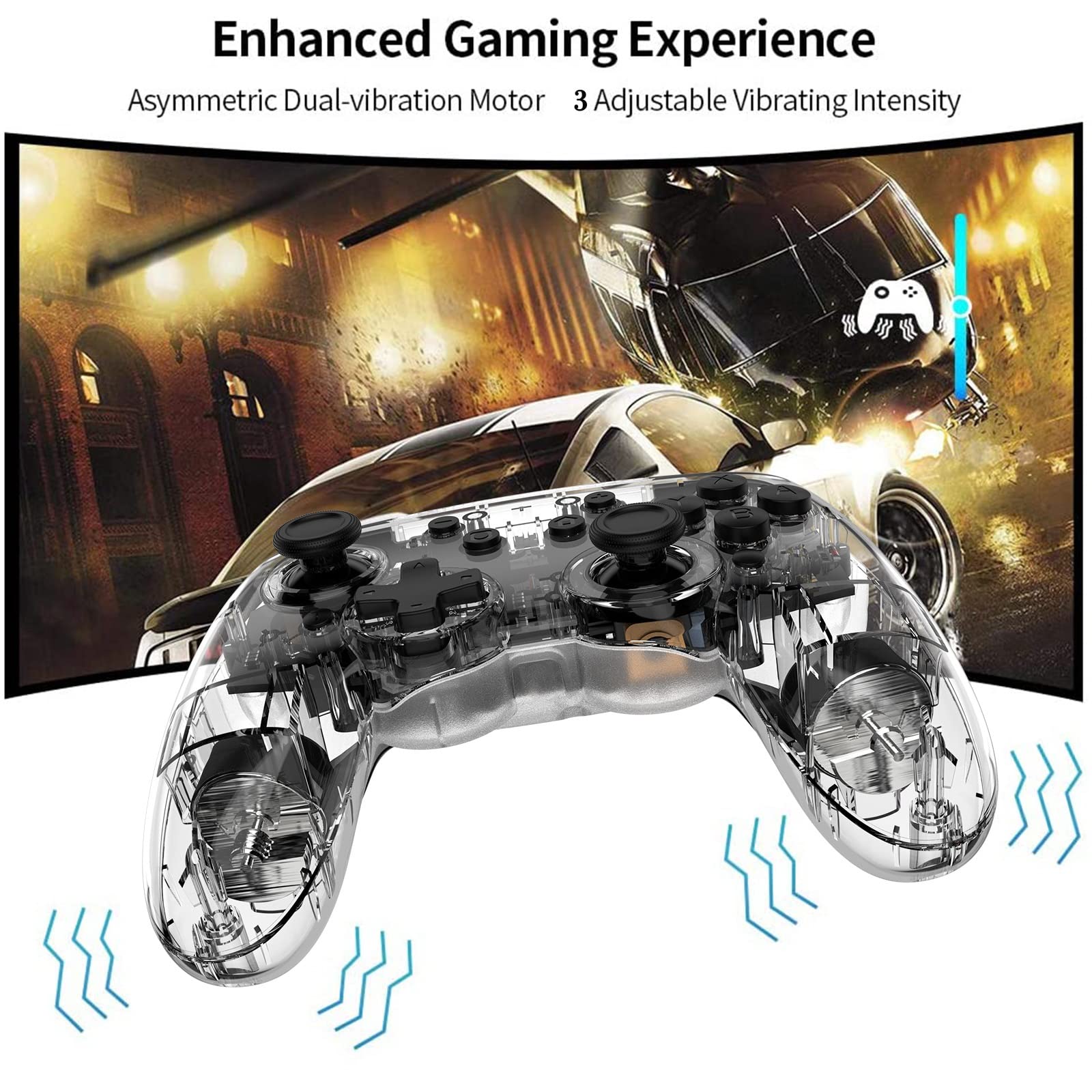 TJPD Transparent Pro controller for Switch, Colorful LED Light Design, wireless Gamepad with 2 programmable back buttons/Turbo/6-Axis Gyro/One-click reconnection/Adjustable vibration (Transparent)