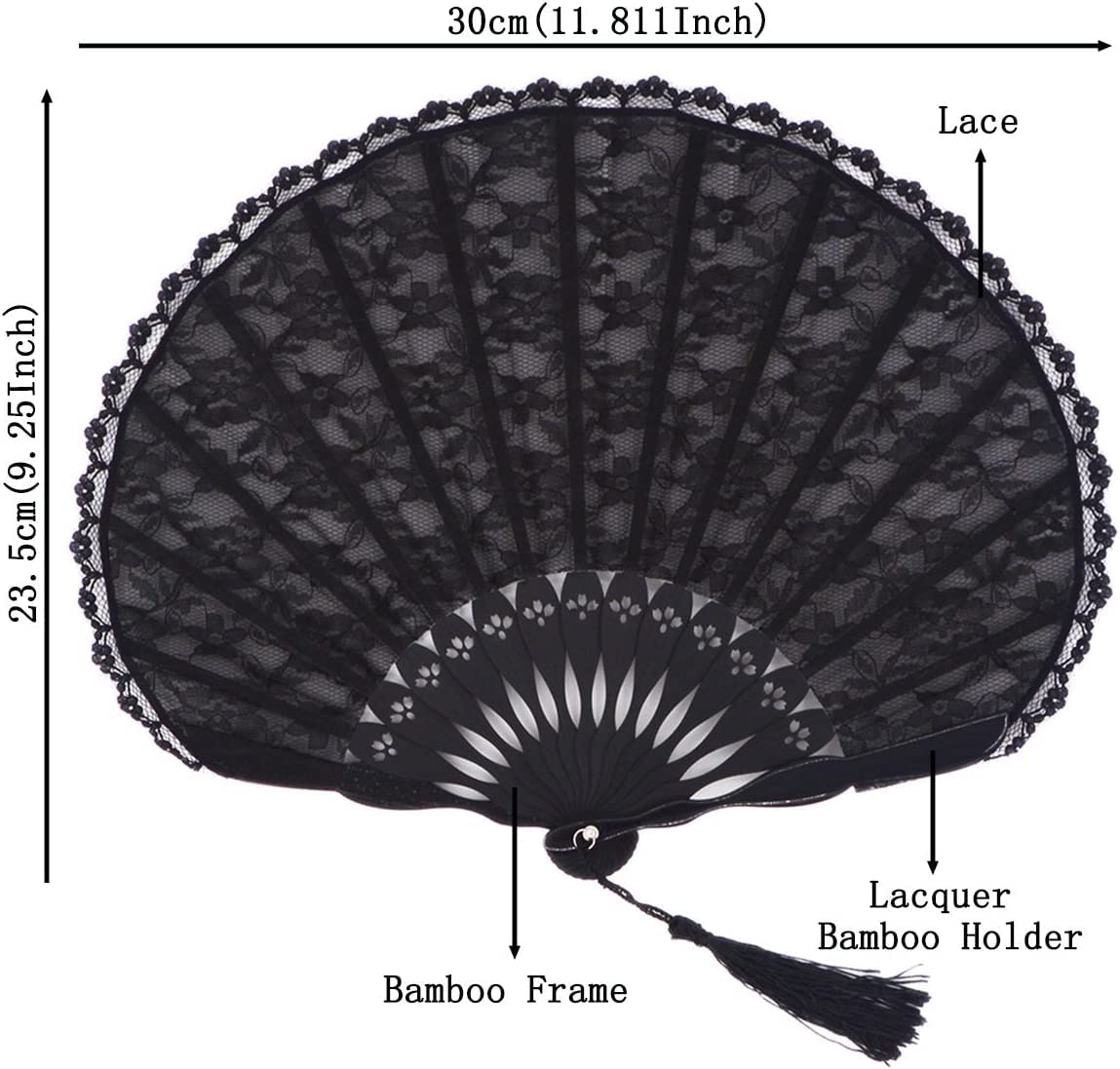 Womens Multi Color Handmade Cotton Lace Folding Hand Fan (Black-A) (Black-a)