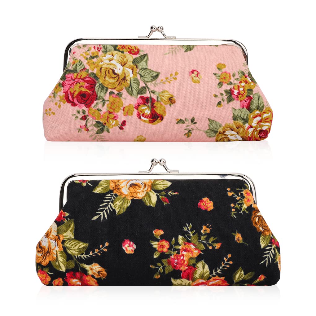 Oyachic 2 Pcs Large Coin Purse,Floral Change Purse,Long Wallets Clasp Kiss Lock, Vintage Coin Pouch for Woman Girls