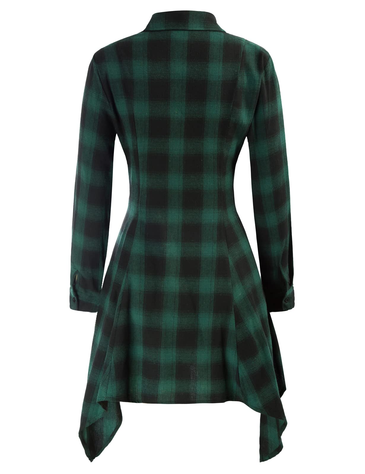 Women's Goth Punk Plaid Dress Handkerchief Hem Lapel Collar Dress Dark Green 2XL