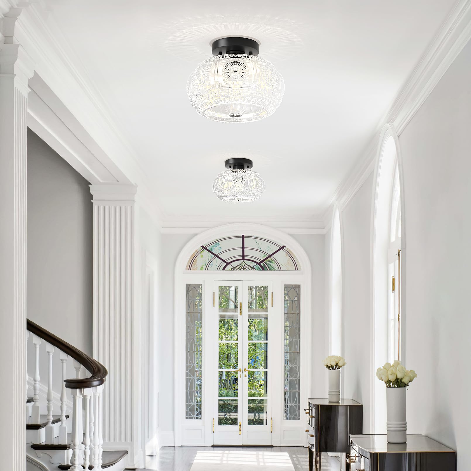 OYKYOHEI Semi Flush Mount Ceiling Light, Globe Glass Ceiling Light Fixture, Black Modern Lighting for Hallway Porch Corridor Kitchen Bedroom, Bulb Not Included