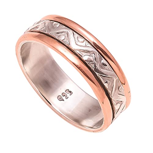 Spinner Ring, Hammered 925 Sterling Silver, Designer For Women, Handmade Three Tone Meditation Ring For Her, Silver Anxiety Silver Ring, Copper Fidget Ring, By Anita Jewellers
