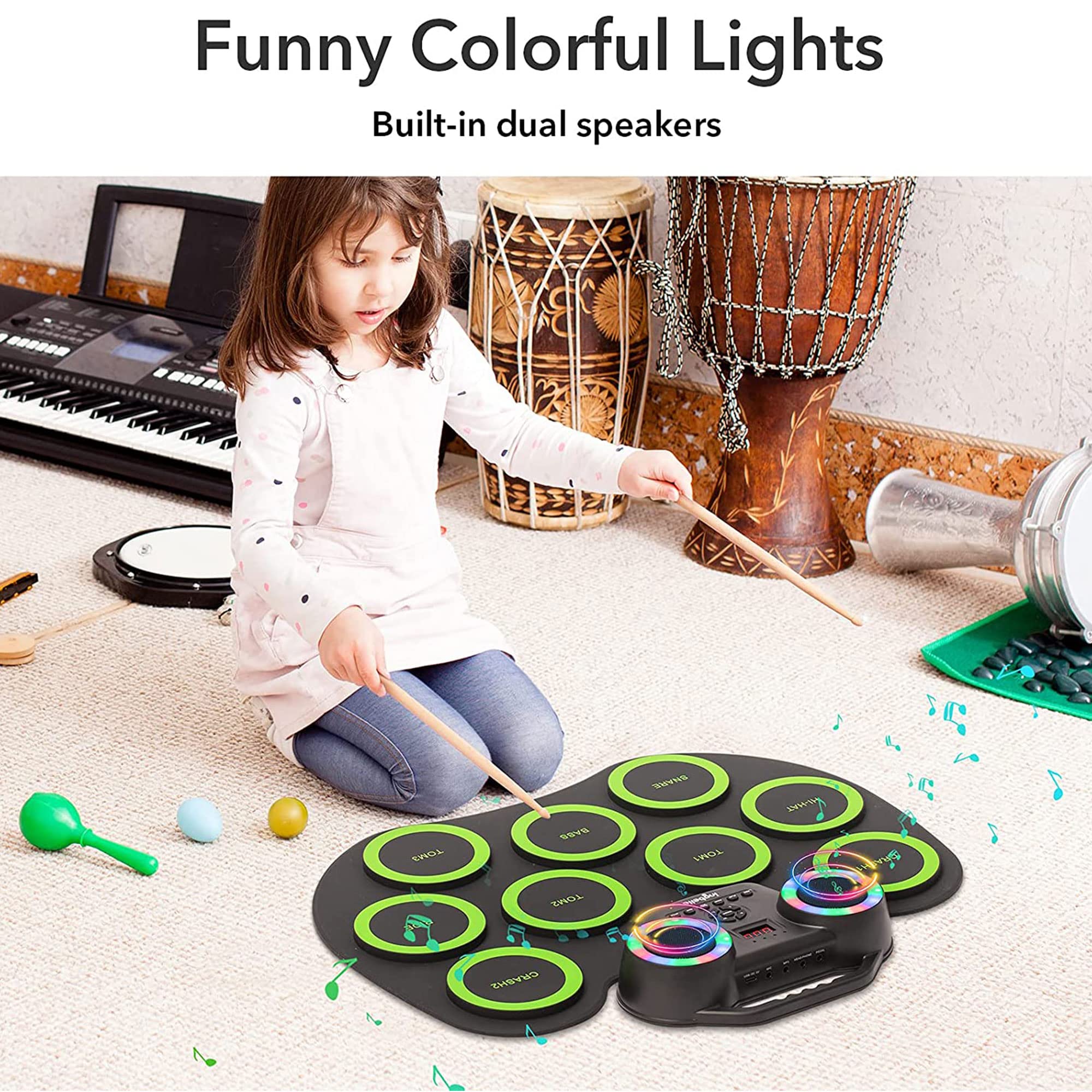 Paxcess Electric Drum Set, 7 Drum Practice Drum Pad With Headphone, Built-in two Speaker, Drum Sticks, Drum Pedals,10 Hours Playtime, Great Holiday Xmas Birthday Gift for Kids(Headphone)