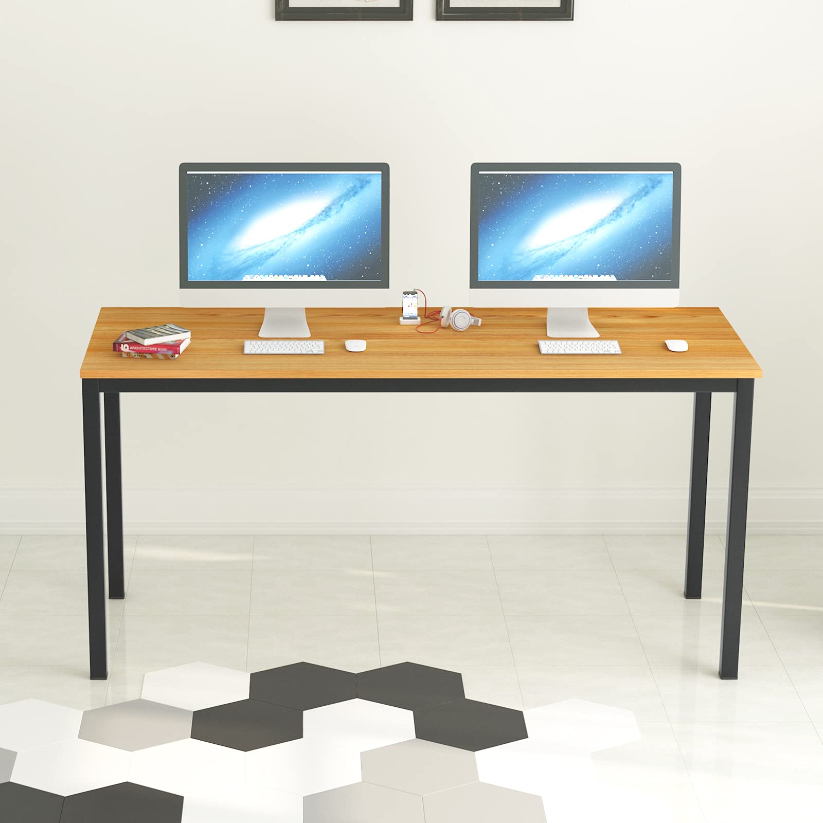 sogesfurniture 63 inches Large Size Office Desk Computer Desk Gaming Desk Computer Table Sturdy Writing Workstation for Home Office,Oak BHUS-GCP2AC3-160OA