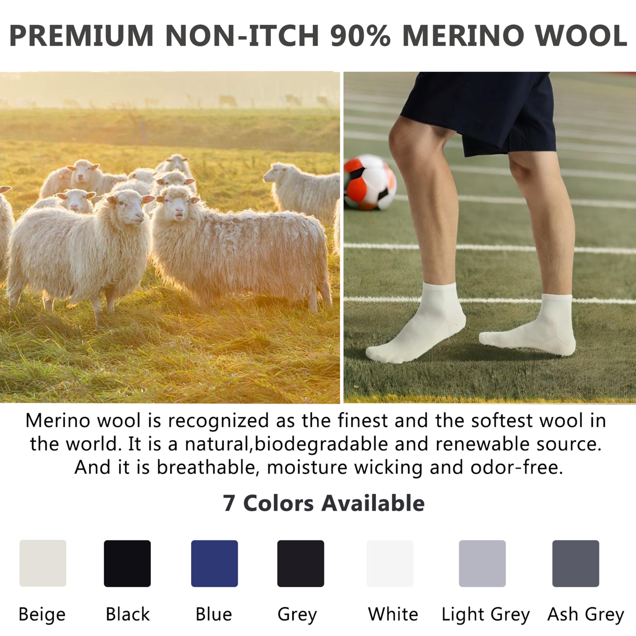 RTZAT 90% Merino Wool Ankle Men's Women's Athletic Business Casual Running Moisture Wicking Everyday Thin Wool Socks, Large, Black, 3 Pairs