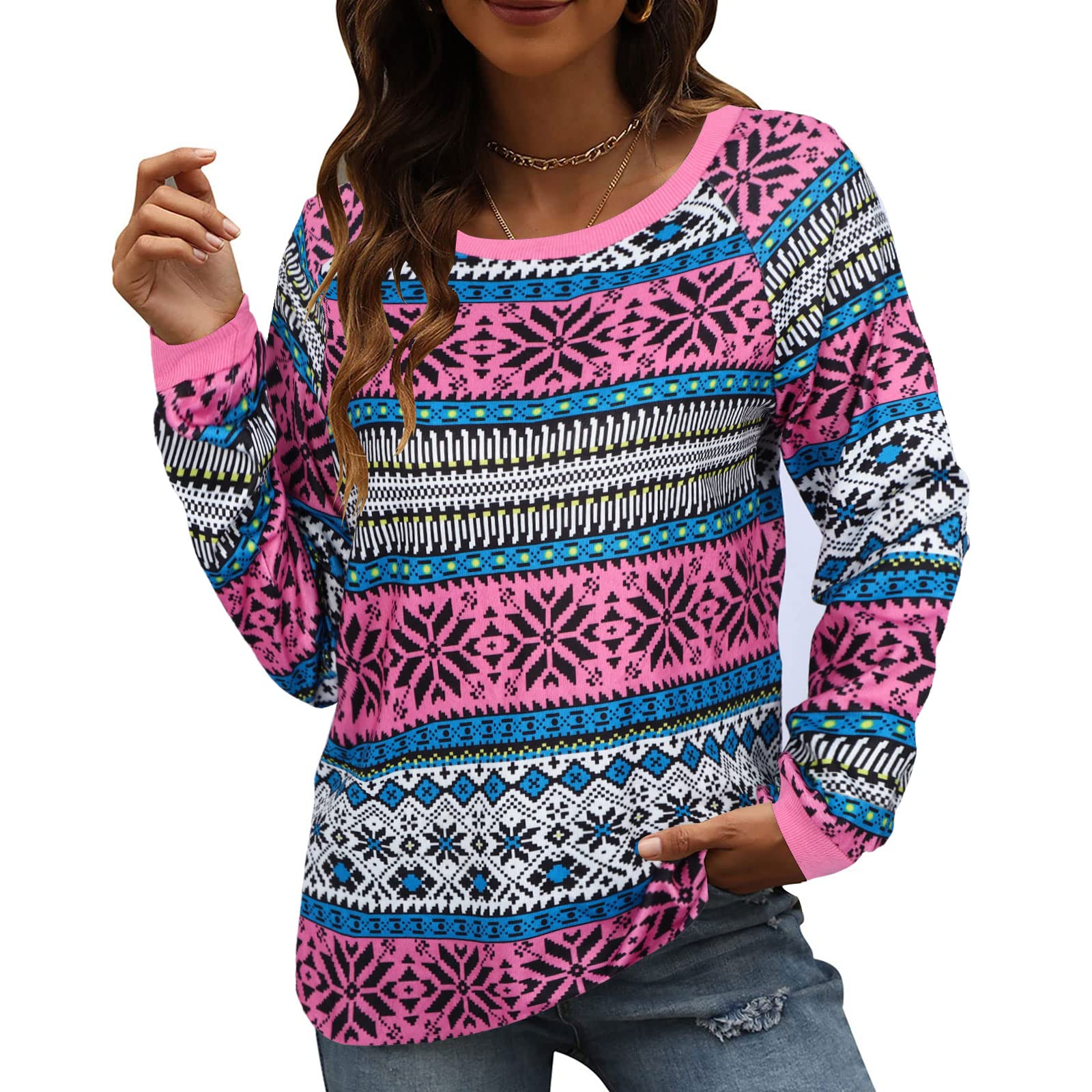 UNIQUEONE Christmas Sweatshirts For Women Xmas Snowflake Shirts Raglan Sleeve Blouse Loose Knitted Pullover Tops Pink