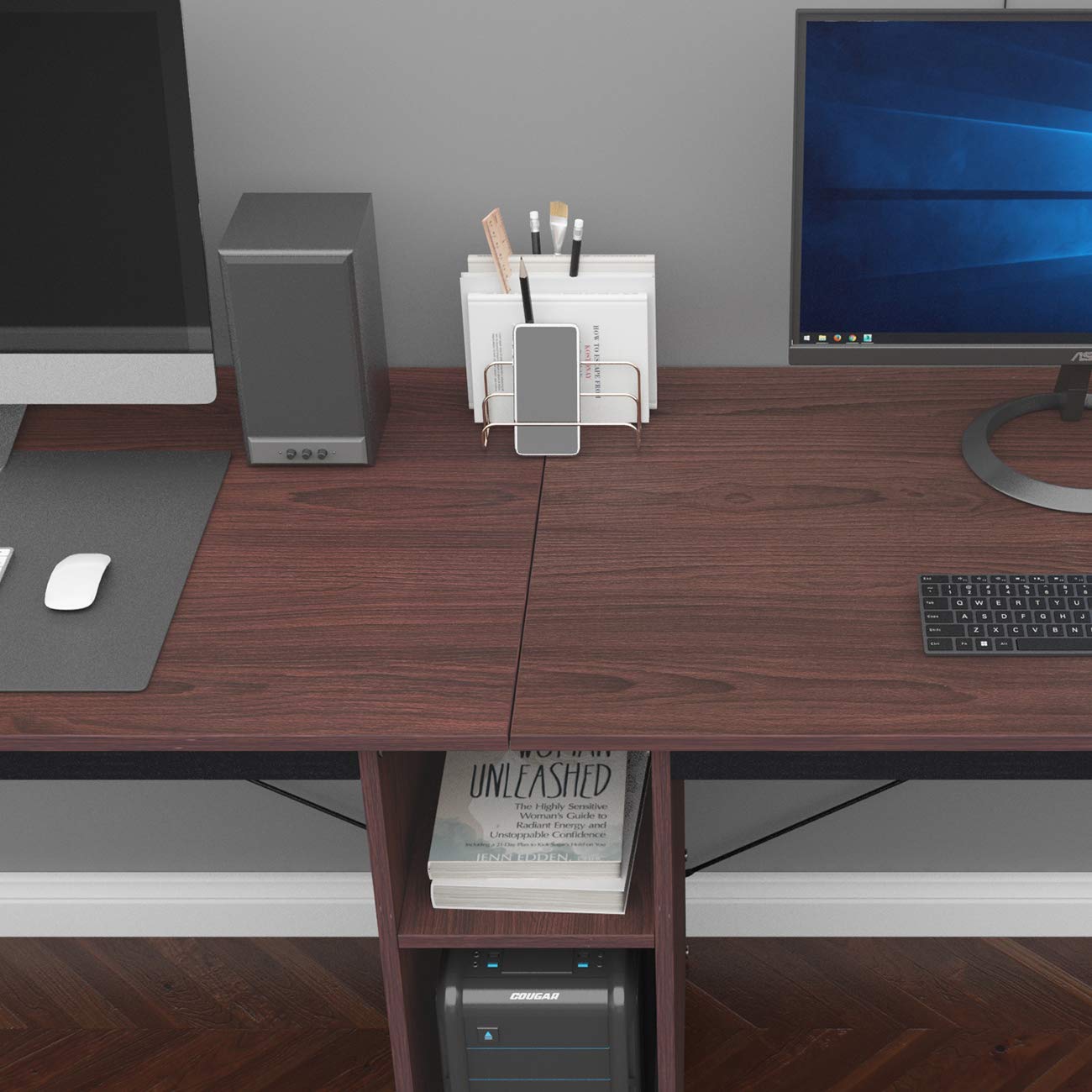 SogesHome Large Double Workstation Desk 2 Person Computer Desk Writing Desk Home Office Desk with Storage Shelf, Walnut, LD-H01-WA