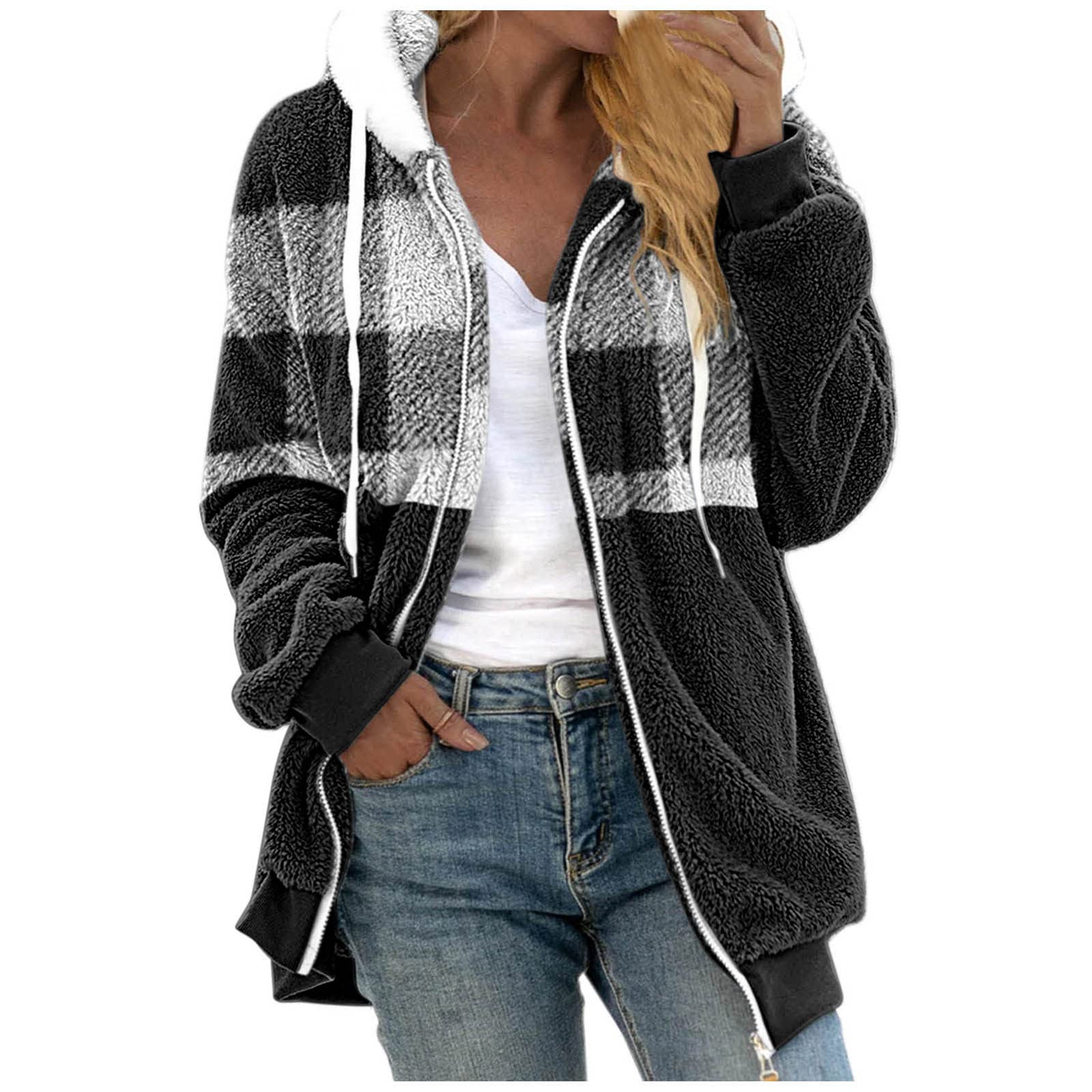 Women's Plaid Fleece Hooded Jacket Flannel Lined Long Sleeves Drawstring Sweatshirt Fuzzy Shirt Coat Blouse Tops