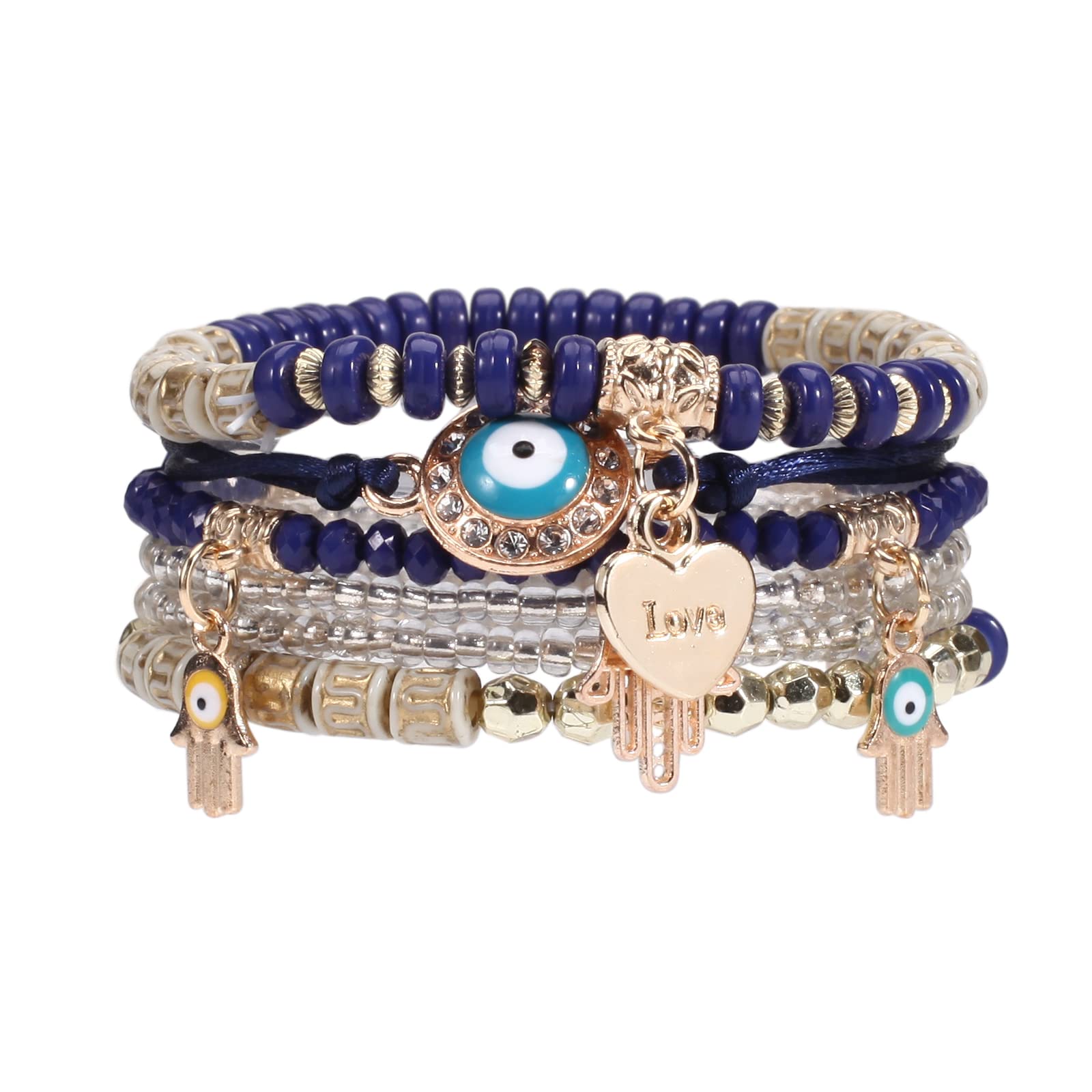 WuCuifu Stackable Bracelets for Women - 8 Packs Bohemian Stretch Bracelets Multi-color Jewelry for Women Evil Eyes Bracelets, Pink