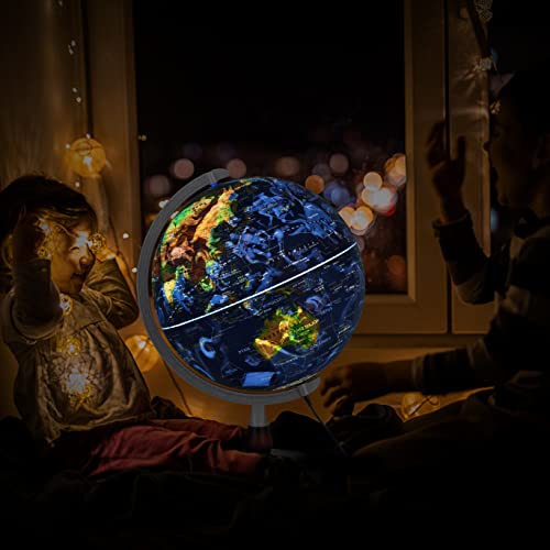 TUFFIOM 13 inch World Globe, Illuminated Spinning Earth Globe Display Nightlight with AR teaching and LED Night Light, Lamp ABS Sphere Wooden Base