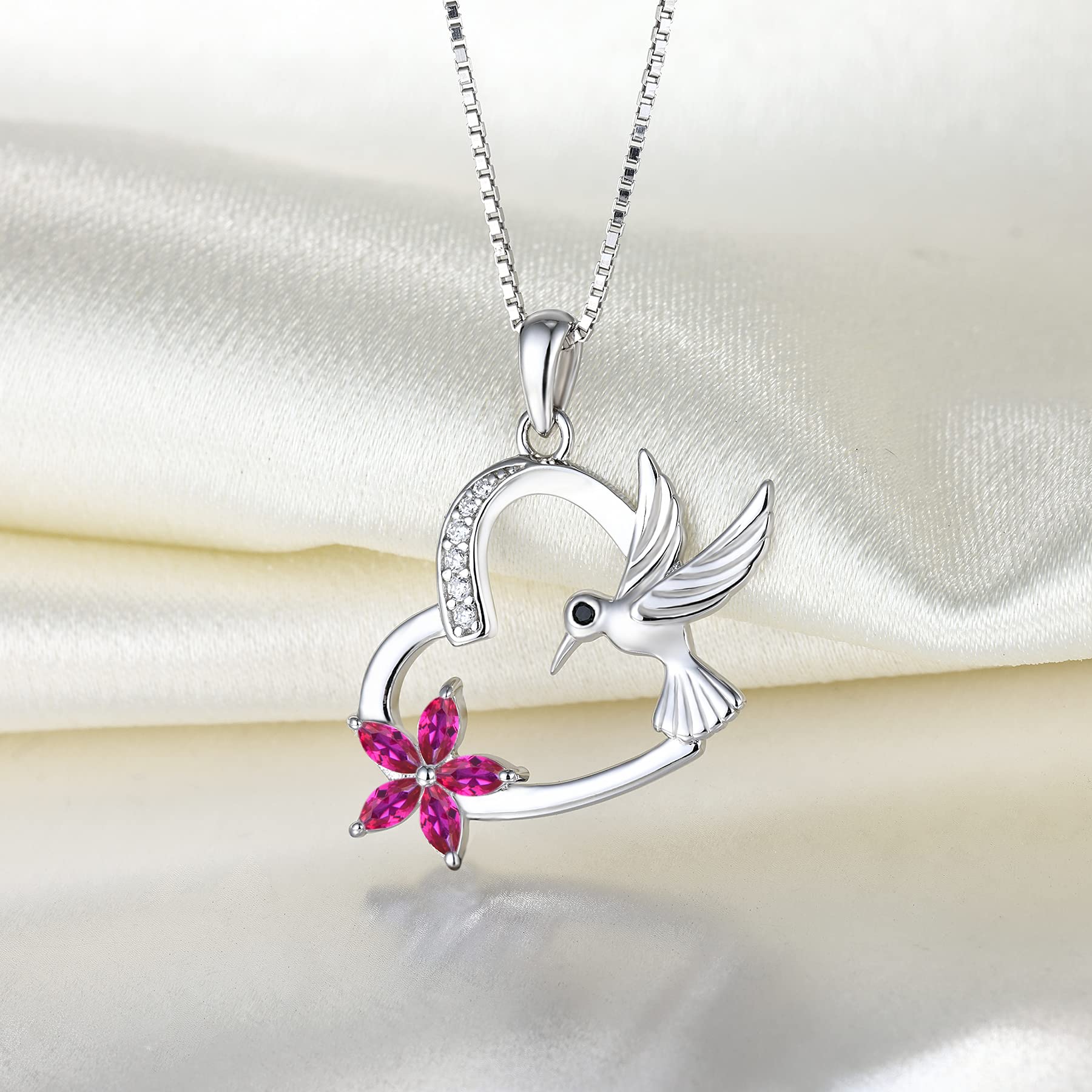YL Hummingbird Necklace 925 Sterling Silver Heart Pendant Created Ruby Flower Jewelry for Women