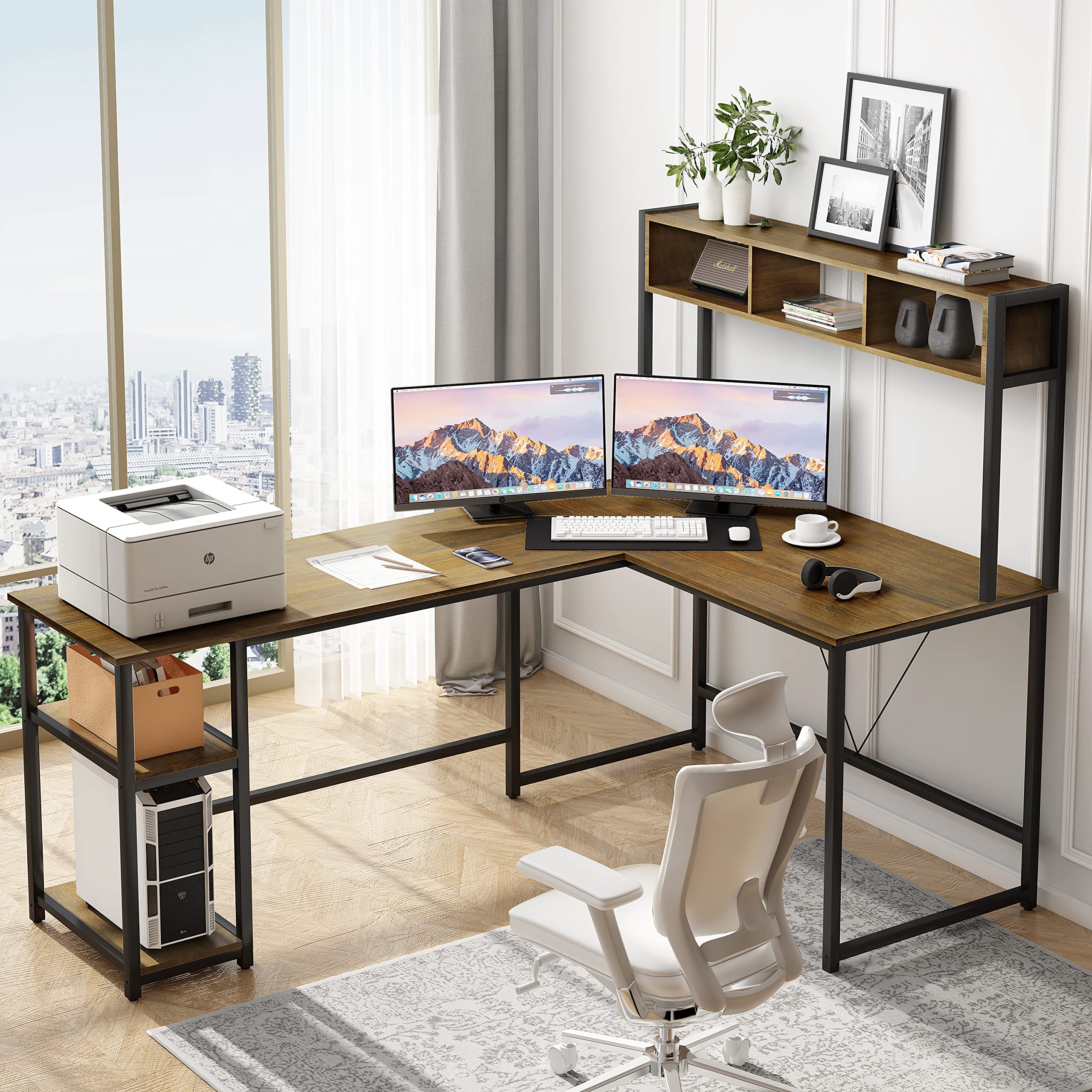 SEDETA L Shaped Desk, Reversible 94.5” Office Computer Desk, Computer Desk with Led Lights, Keyboard Tray and Storage Shelves for Home Office, Rustic Brown