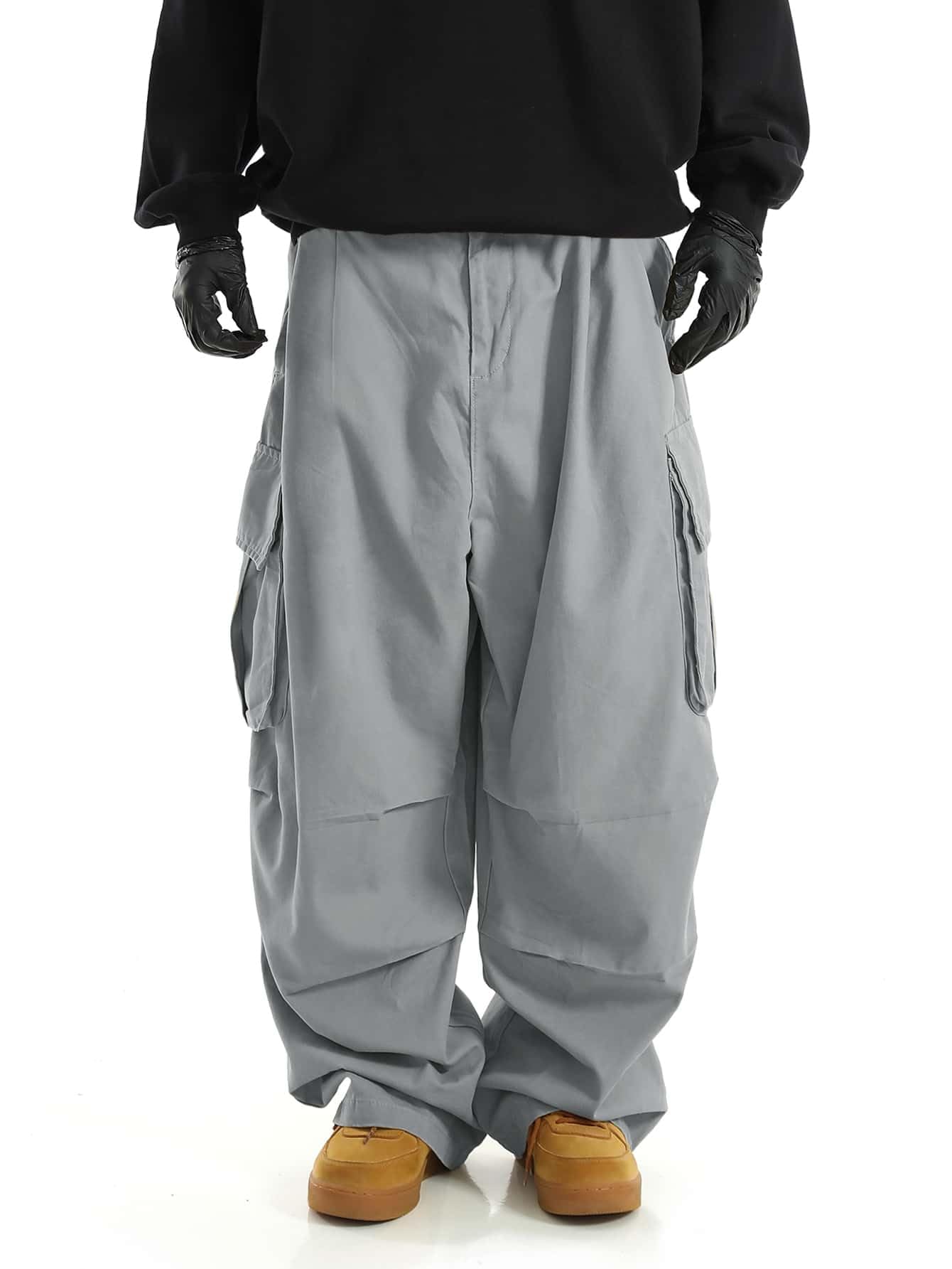OYOANGLE Men's Drawstring Elastic Waist Flap Pockets Streetwear Baggy Cargo Pants Joggers Hiking Trousers Light Grey L