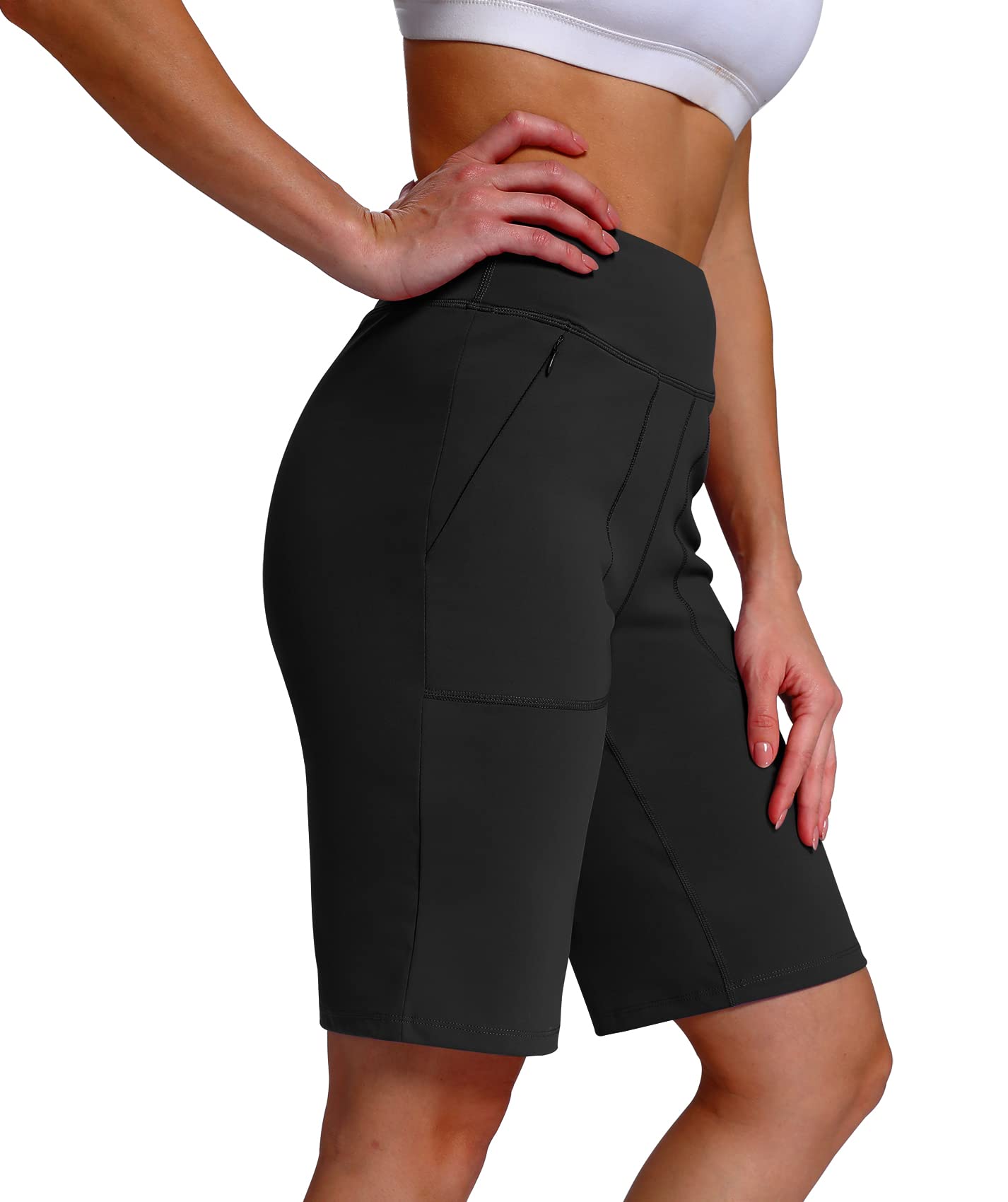 XIEERDUO Women's 10" Bermuda Shorts Long Athletic High Waisted Running Shorts with Zipper Pockets for Walking Casual Summer Black L