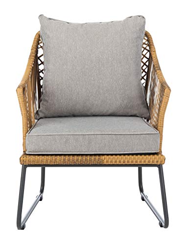 SAFAVIEH Outdoor Collection Jensen Natural Brown Rattan/Grey Seat Cushion 3-Piece Patio Lounge Bistro Set with Table (PAT9008A)