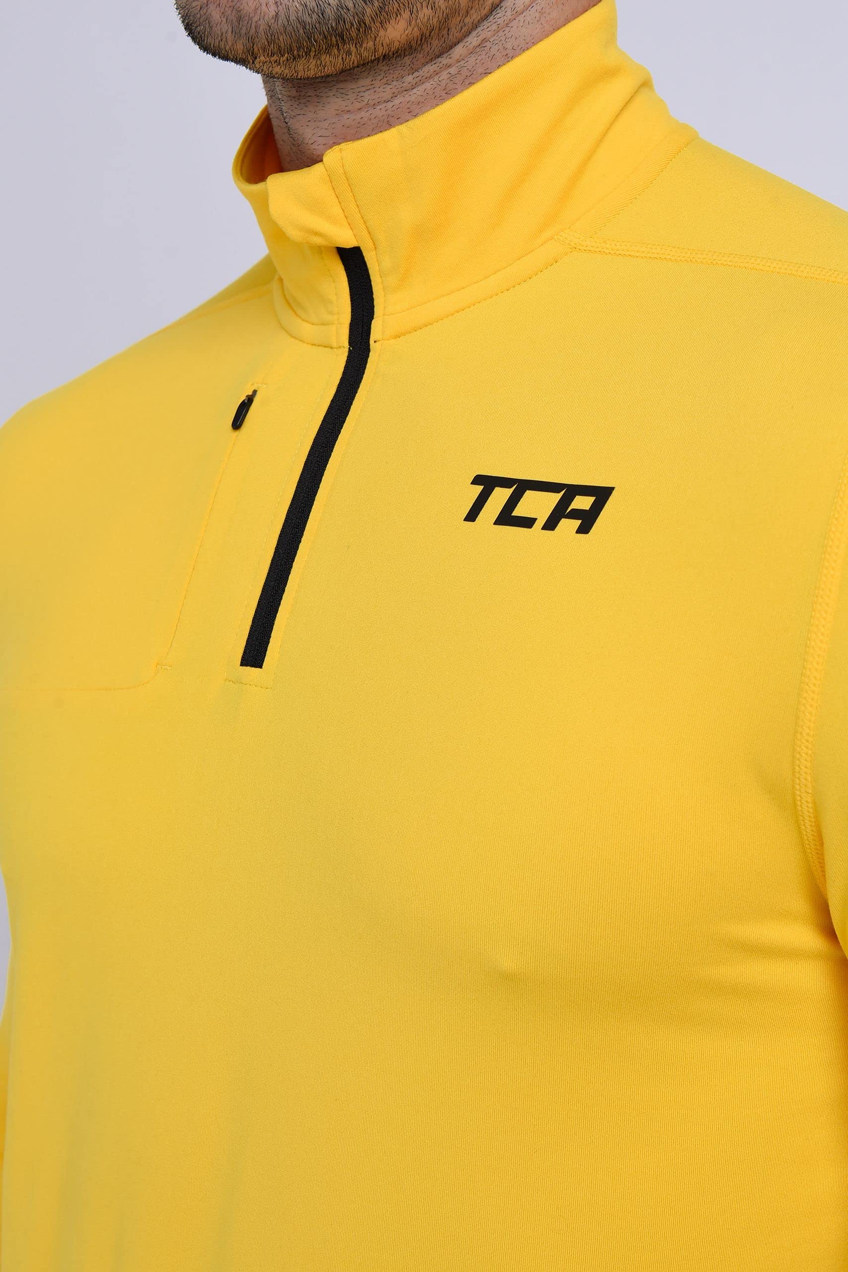 TCA Men's Fusion Pro Quickdry Long Sleeve Half Zip Running Shirt β Athletic Workout Pullover with Pocket & Thumb Holes- Spectra Yellow, Large
