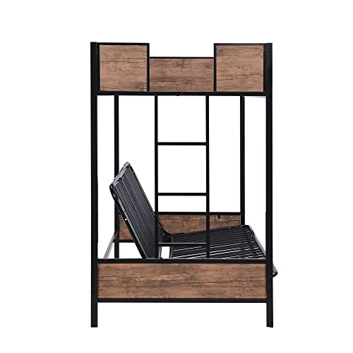 Polibi Twin-Over-Futon Couch and Bed, Metal Futon Bunk Bed with Guardrails and Ladder (Black)