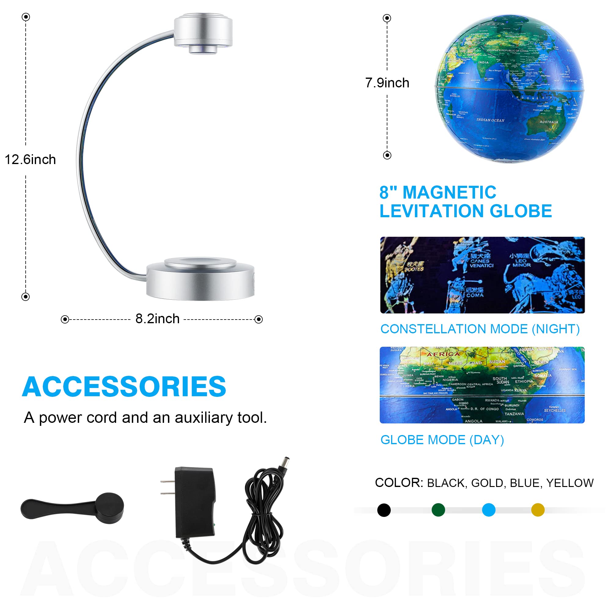 Spolehli Magnetic Levitation Globe, 8 Inch Floating Constellation Globe with LED Lights, World Map Globe at Day Constellation Light at Night, Good Gifts for Students Teachers Birthday Gift Present
