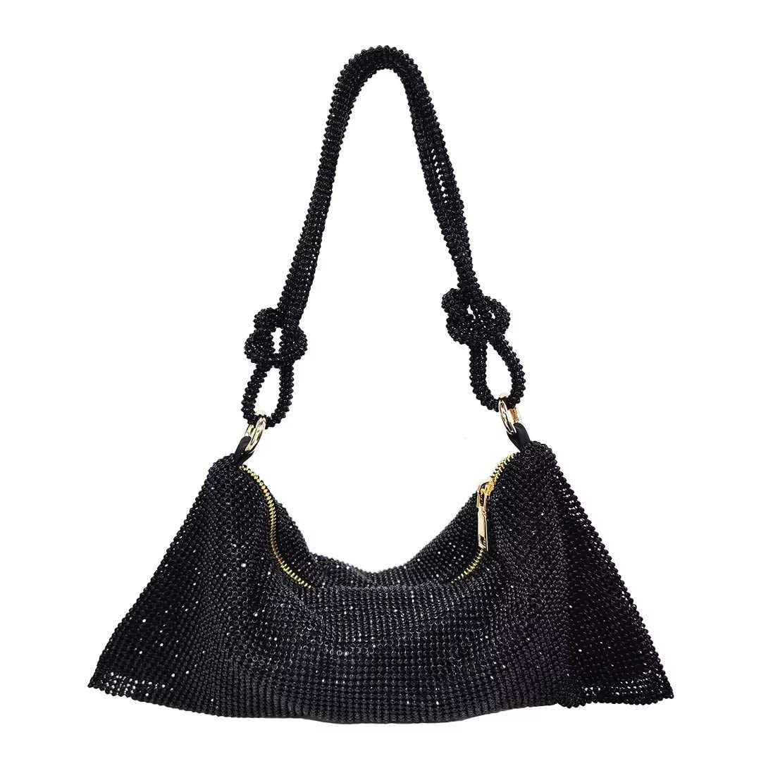 Women's Rhinestone Hobo Bag Chic Sparkly Rhinestone Clutch Purse Shiny Crystal Evening Handbag Black