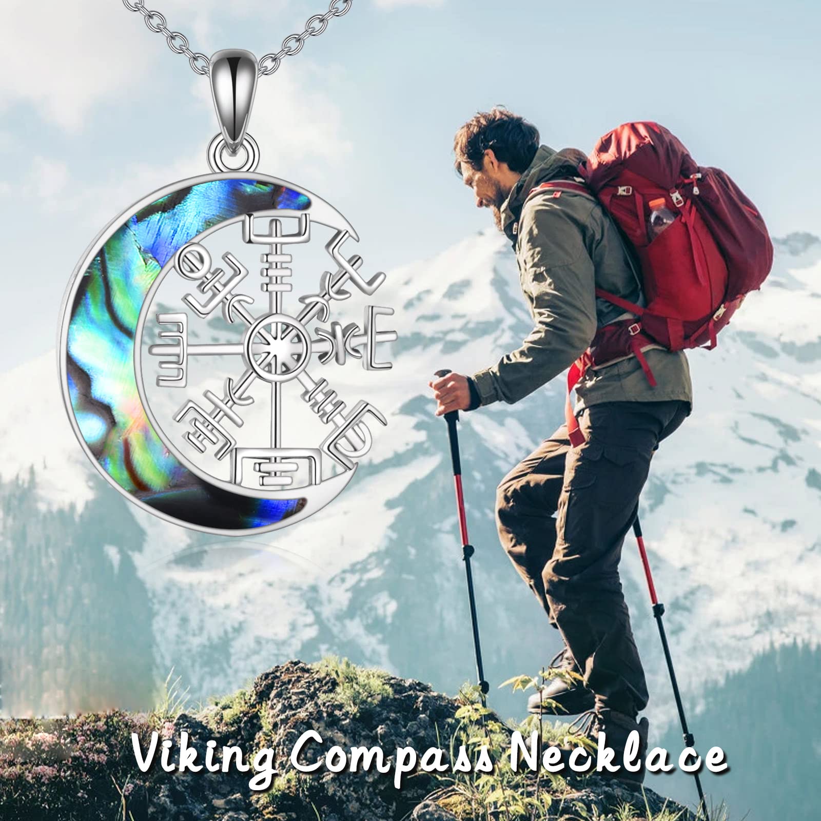 URONE Viking Compass Necklace Sterling Silver Abalone Shell Moon Compass Jewelry for Women Men Norse Vegvisir Pendant Gifts for Nordic Pagan