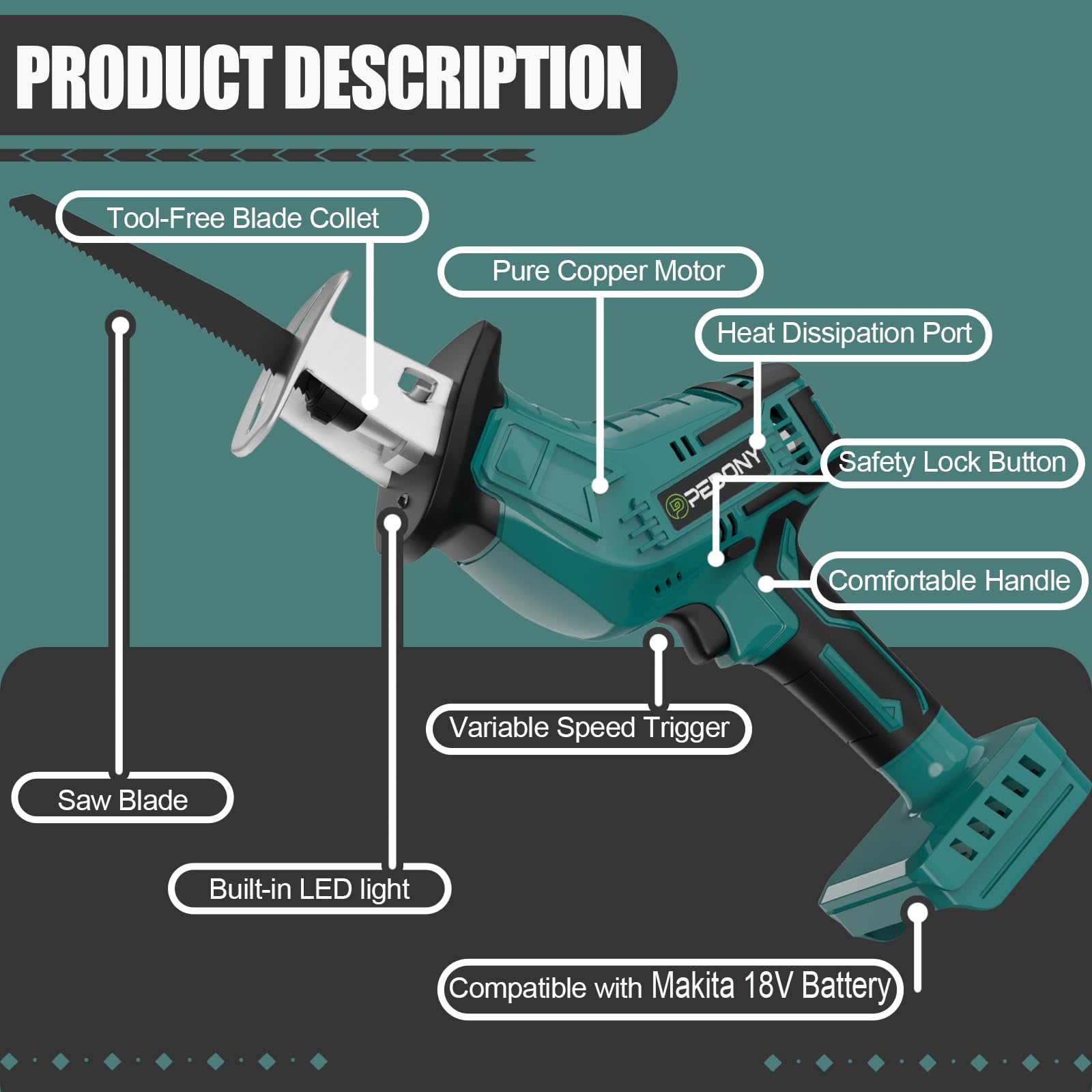 PEDONY Cordless Reciprocating Saw for Makita 18V Battery Powerful Reciprocating Saw with 4 Saw Blades Variable Speed Trigger for Wood/Metal/PVC Cutting (Tool Only)