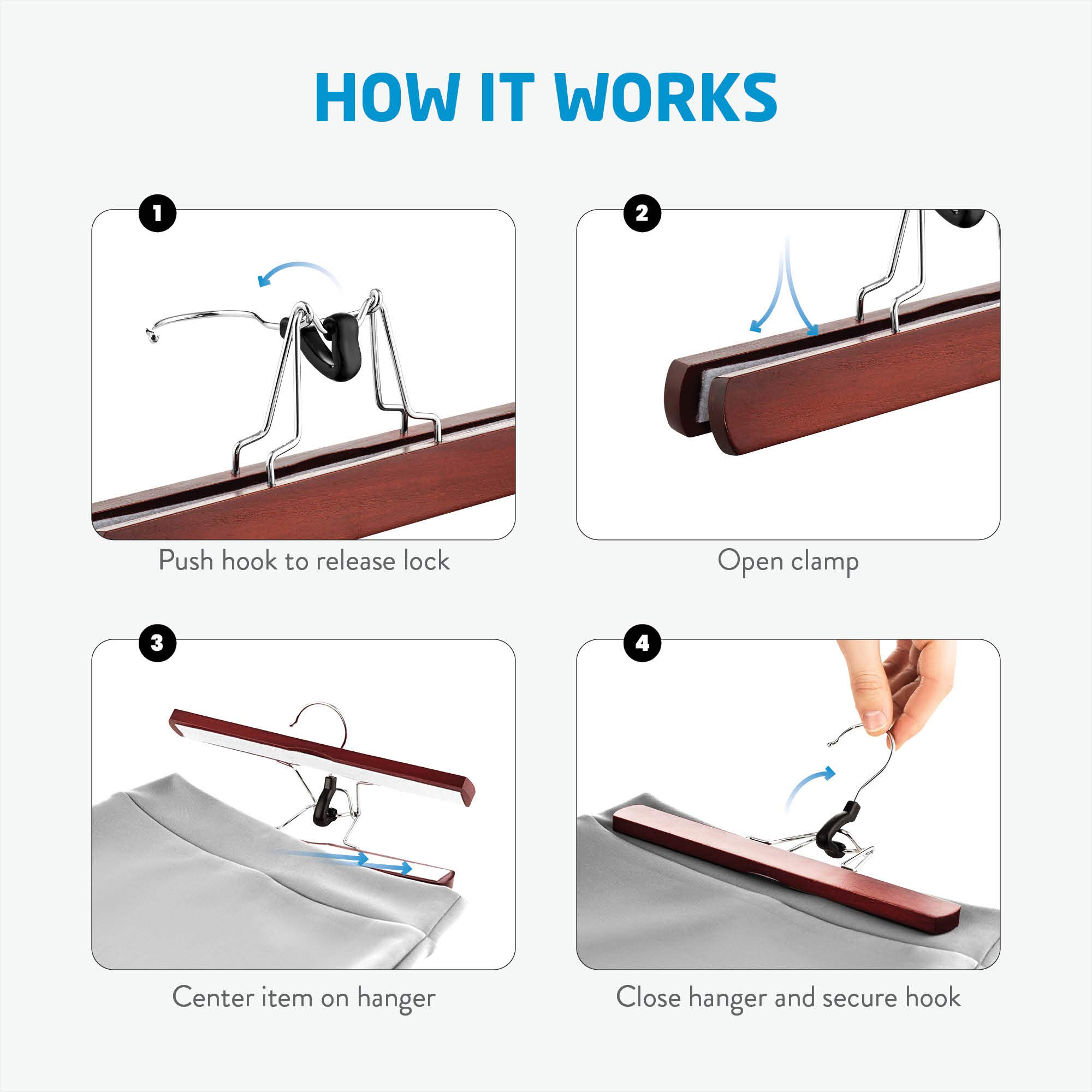 ZOBER High-Grade Wooden Pants Hangers with Clips, 10 Pack, Non-Slip, Space Saver, Rotatable 360 Hook, Smooth Cherry Wood Finish