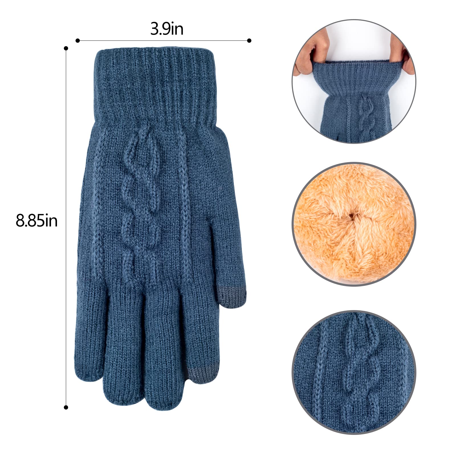 Women's Winter Warm Touch Screen Gloves Womens Thermal Cable Knit Wool Fleece Lined Mittens for Cold Weather (White+Purple)