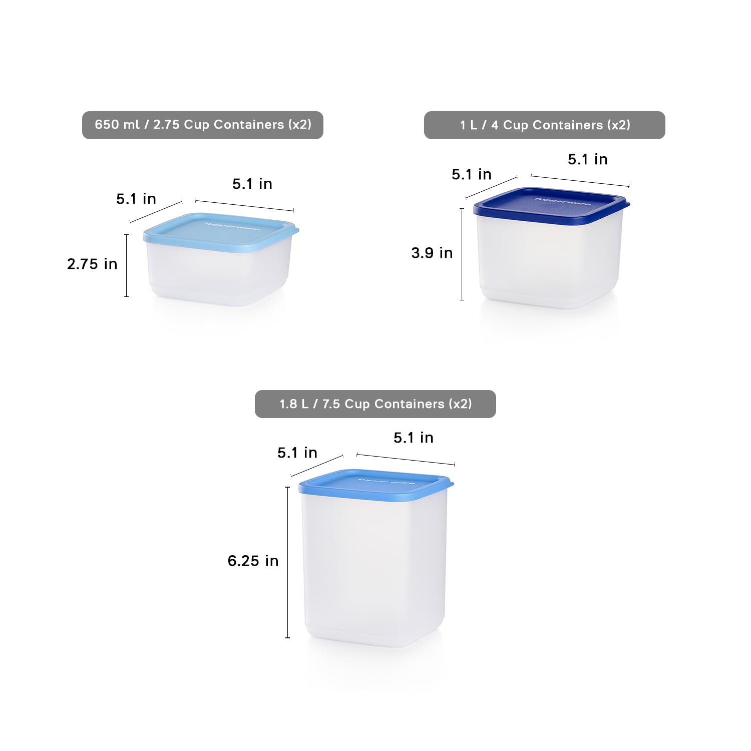 Tupperware Stacking Square Storage Set - Dishwasher Safe & BPA Free - (6 Clear Containers + 6 Blue Lids)