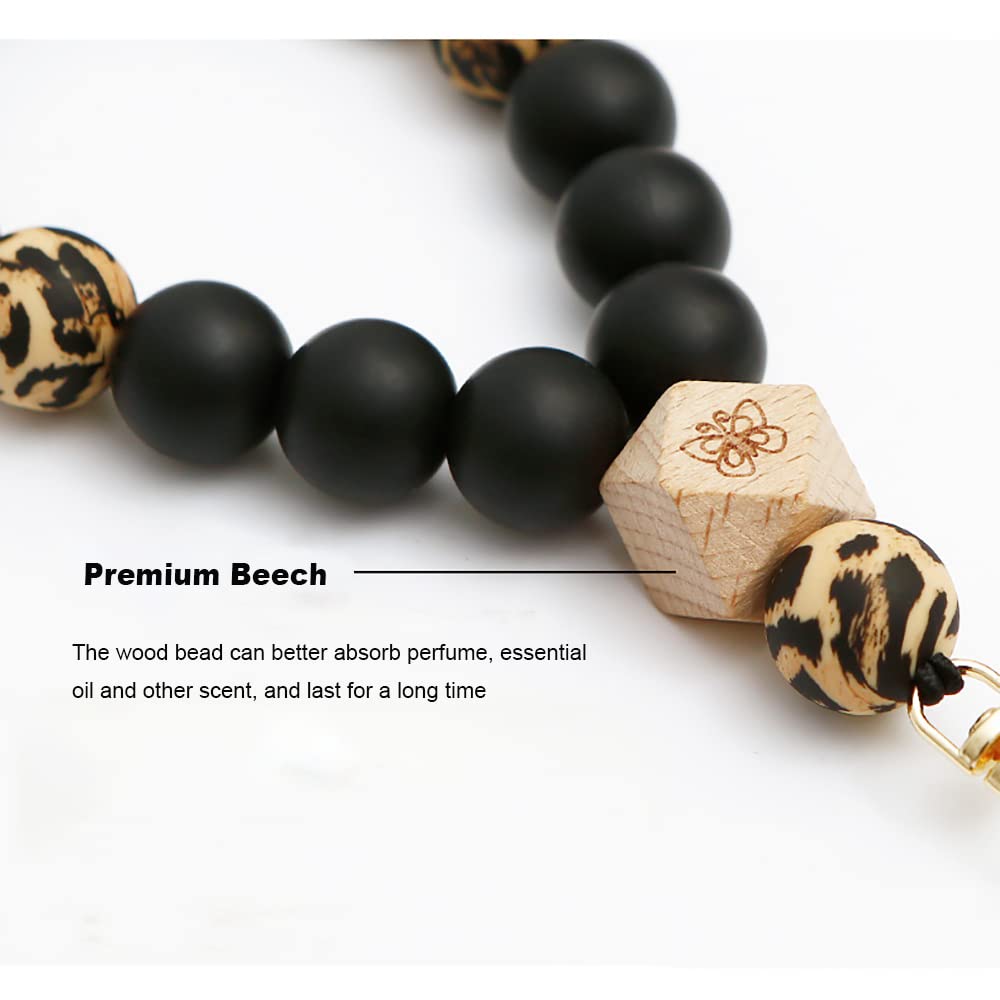 Wristlet Keychain Bracelet Silicone Beaded Key Ring Bracelet with Wooden bead Bangle Car Key Chains(Leopard Black)