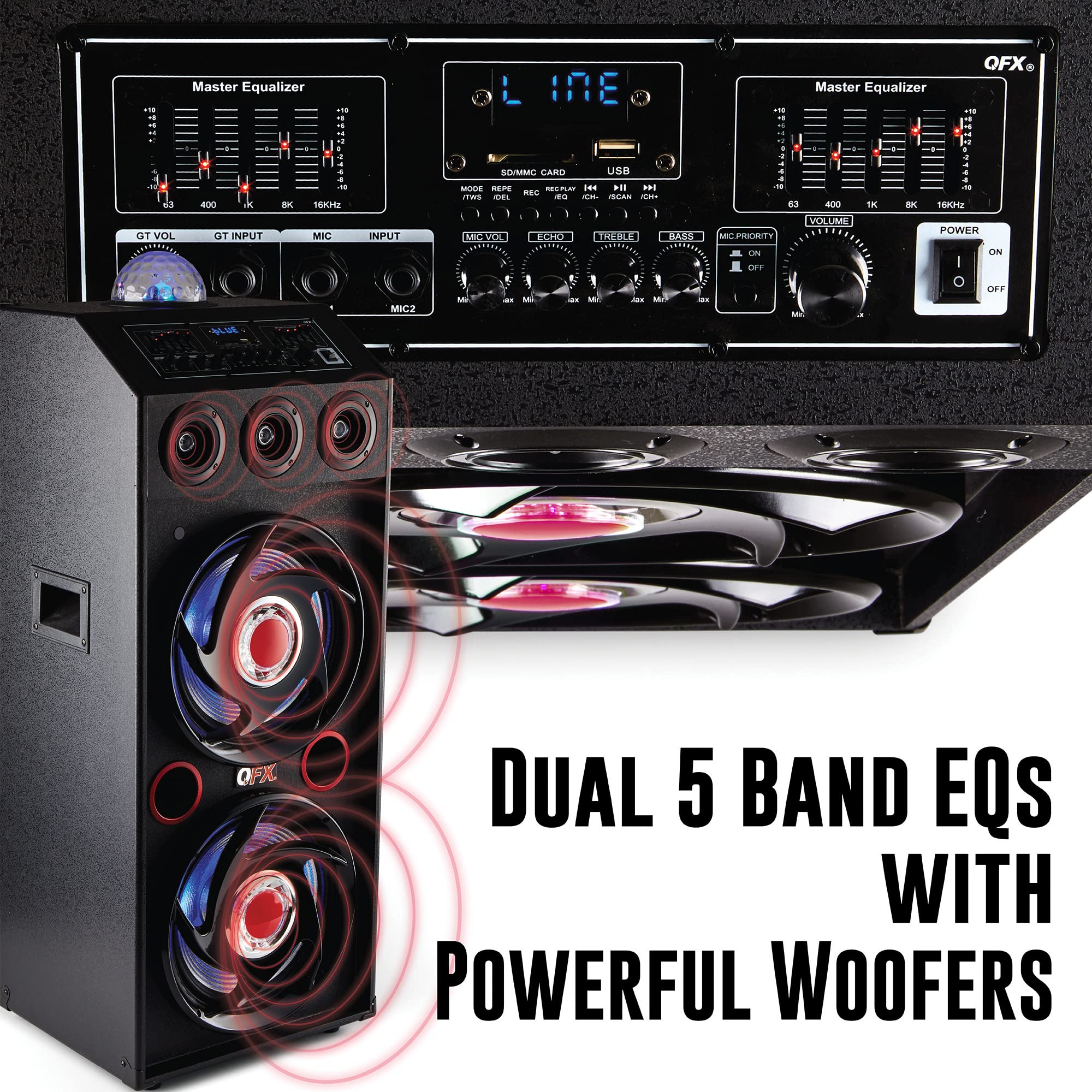 QFX SBX-412207BT TWS Bluetooth Cabinet Speaker with Dual 12" Woofers, LED Party Lights, FM Radio, USB/TF Card Ports, Aux Input, Red