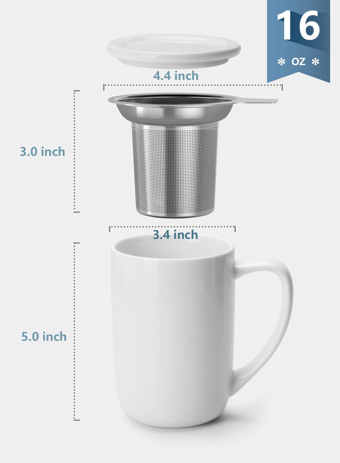 Sweese 16 OZ Porcelain Tea Mug with Infuser and Lid, Loose Leaf Tea Cup, Gifts for Tea Lover, White