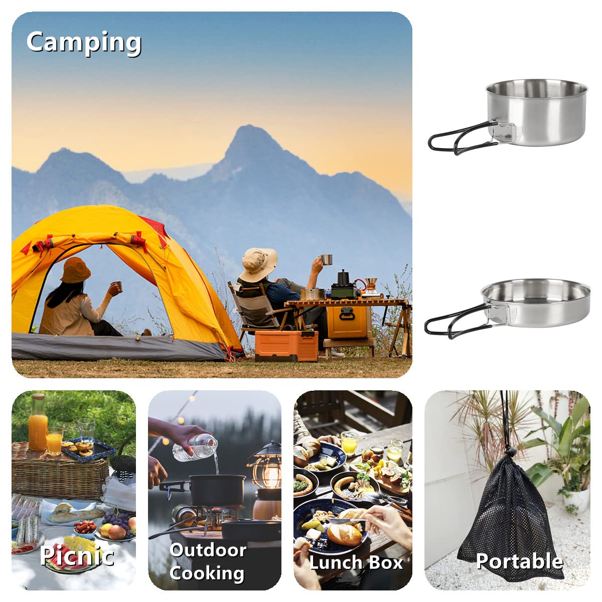 Wsaikis Stainless Steel Lunch Box Camping Cookware, Compact Mess Kit, Pot and Frying Pan with Folding Handle & Portable Mesh Bag Cooking Set for Picnic,Camping,Hiking