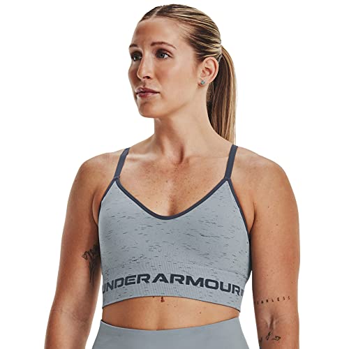 Under Armour Women's Seamless Low Long Heather Bra, (465) Harbor Blue / / Gravel, Medium