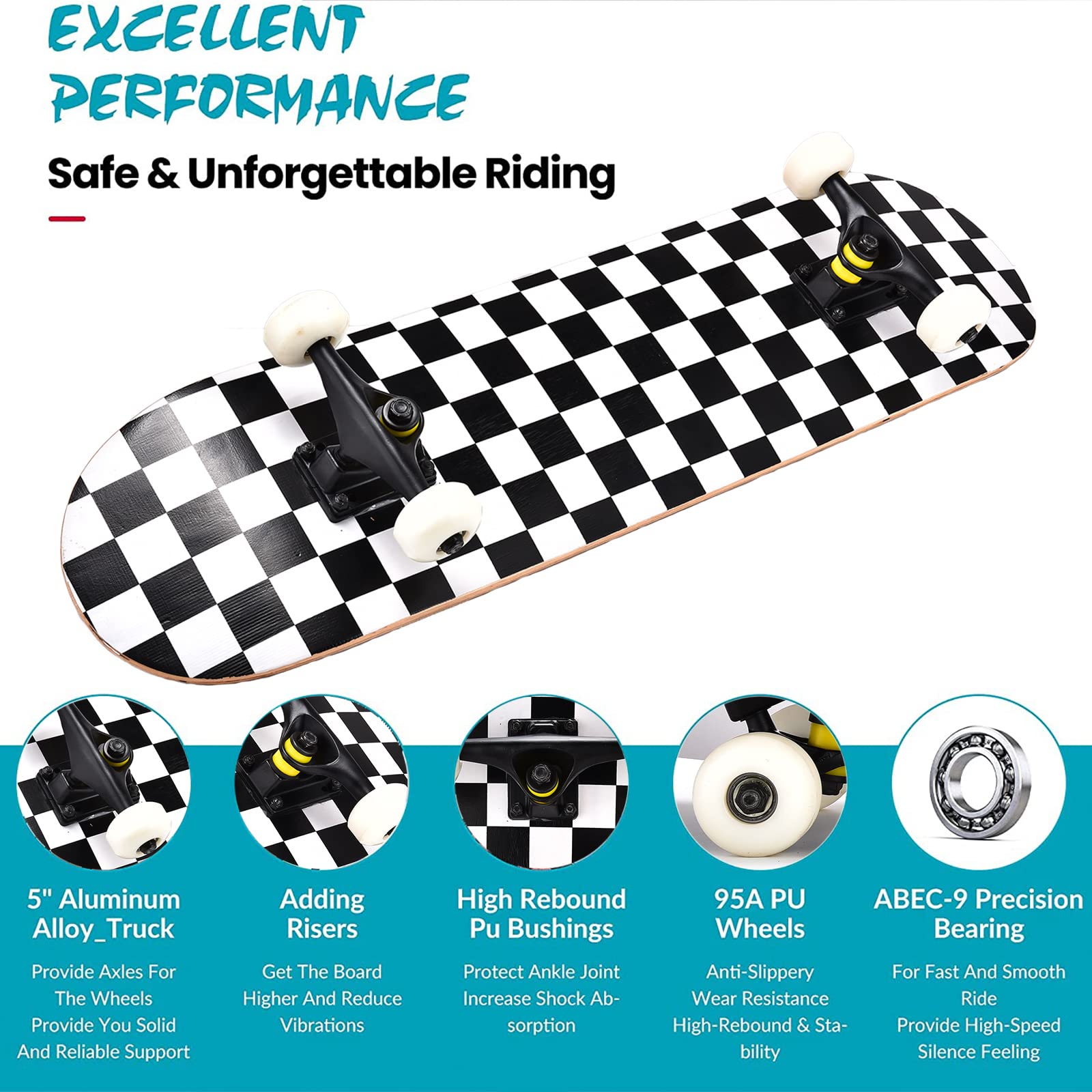 Skateboards for Beginners, 31 Inch Complete Skateboard for Kids Teens Adults, 7 Layer Canadian Maple Double Kick Deck Concave Cruiser Trick Skateboard