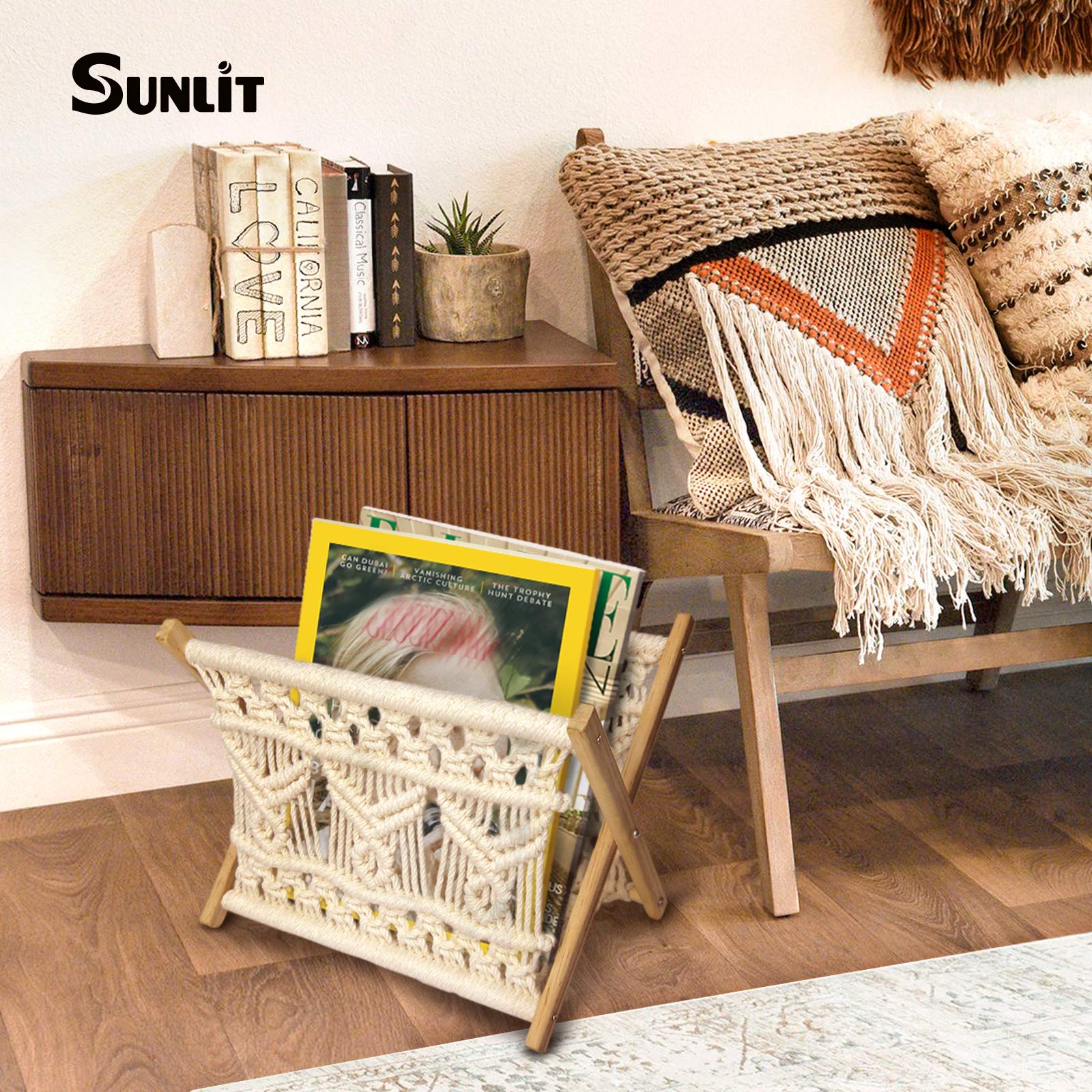 Sunlit Boho Magazine Holder, Decorative Macrame Books Magazines Rack, Towel Storage Basket, Rustic Home Decor for Bedroom Living Room Office, Bohemian Handmade Woven Goat Horn Pattern Room Decor