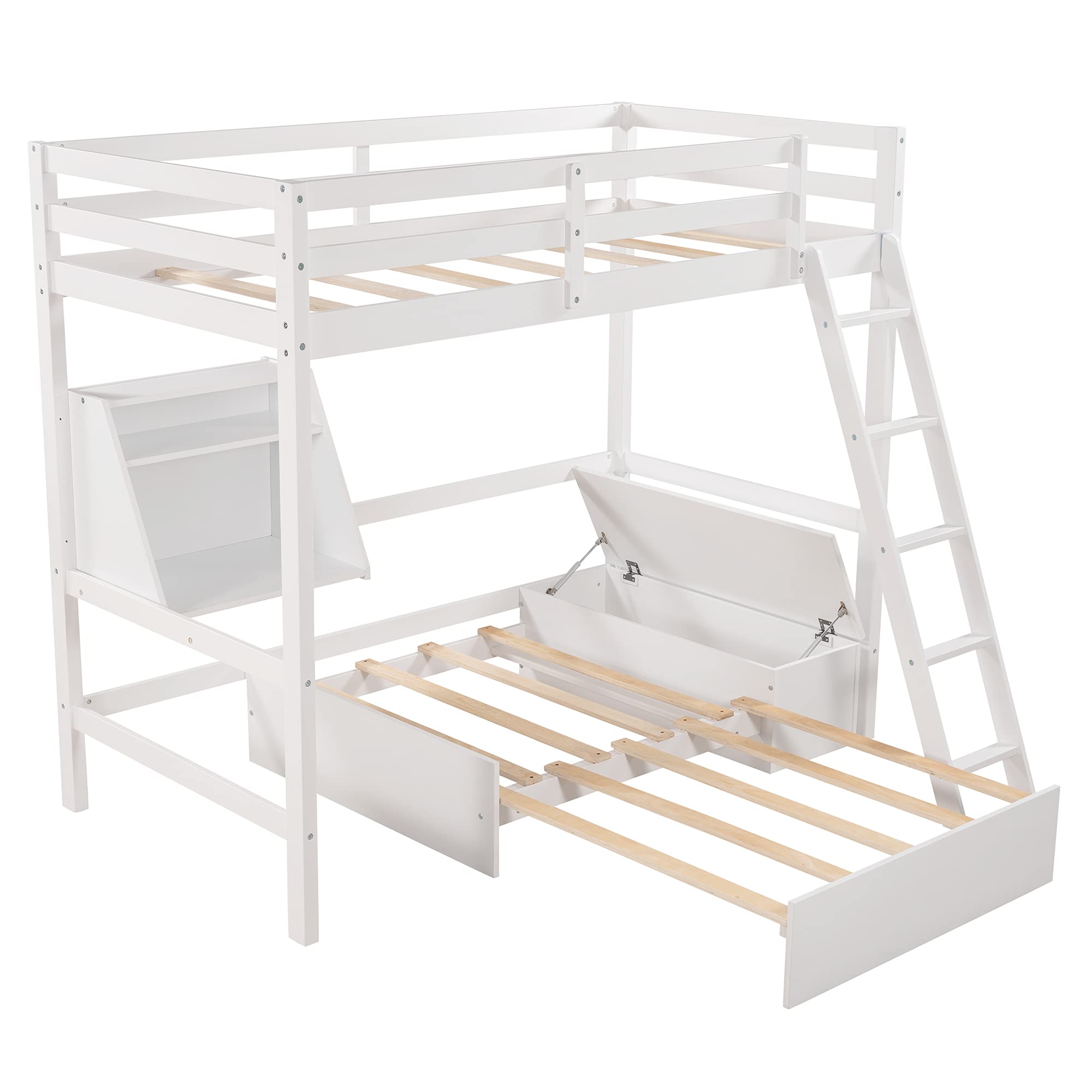 Twin Loft Bed with Storage Shelf Wood Loft Bed Frame with Convertible Lower Bed, Twin Size Loft Bed with Drawer and Ladder, Separated Loft Bed & Twin Platform Bed for Kids Teens Adults (White)