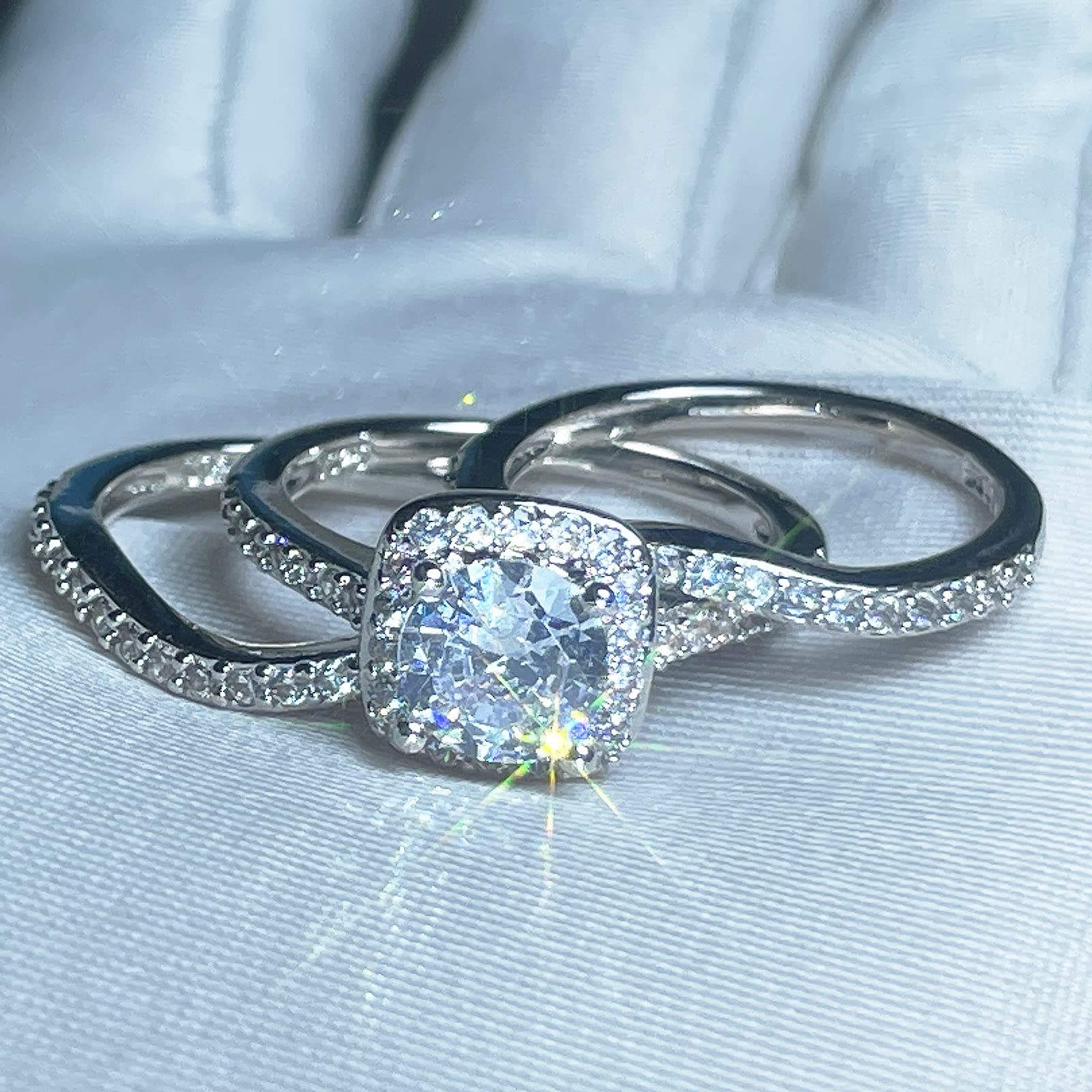 YOYEEWYNS 18K White Gold Three-in-One Halo Wedding Bridal Ring Set for Women Cubic Zirconia Engagement Eternity Rings Size 7