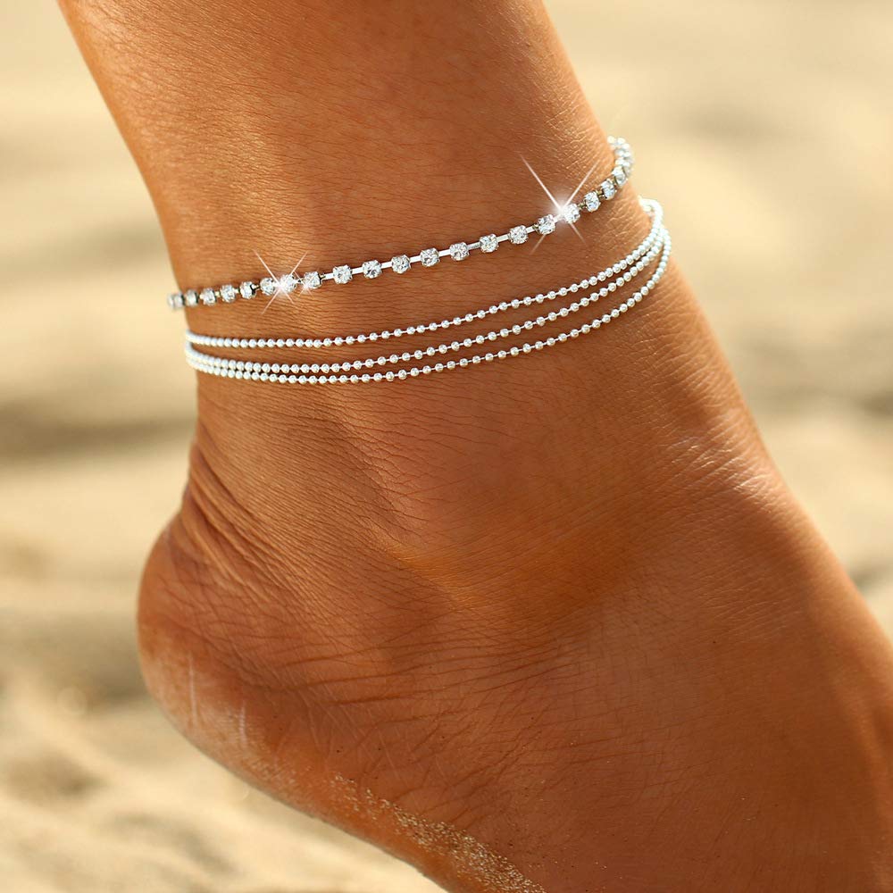Tasiso Silver Plated Layered Rhinestone Chain Charm Anklet Cubic Zirconia Ankle Bracelet Summer Sparkling Crystal Foot Chain Jewelry for Women 8.3"