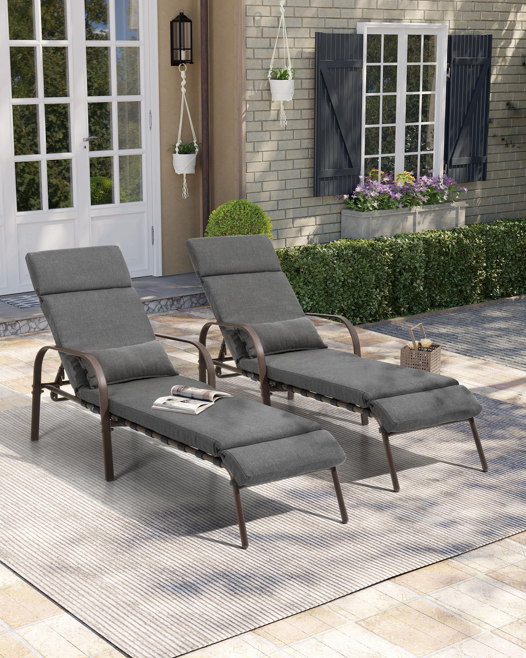 Pellebant Patio Chaise Lounge Chair with Cushion, Adjustable Lounge Chair with 5 Positions, Outdoor Recliners All Weather for Pool, Beach and Yard, 2 Pcs,Dark Grey