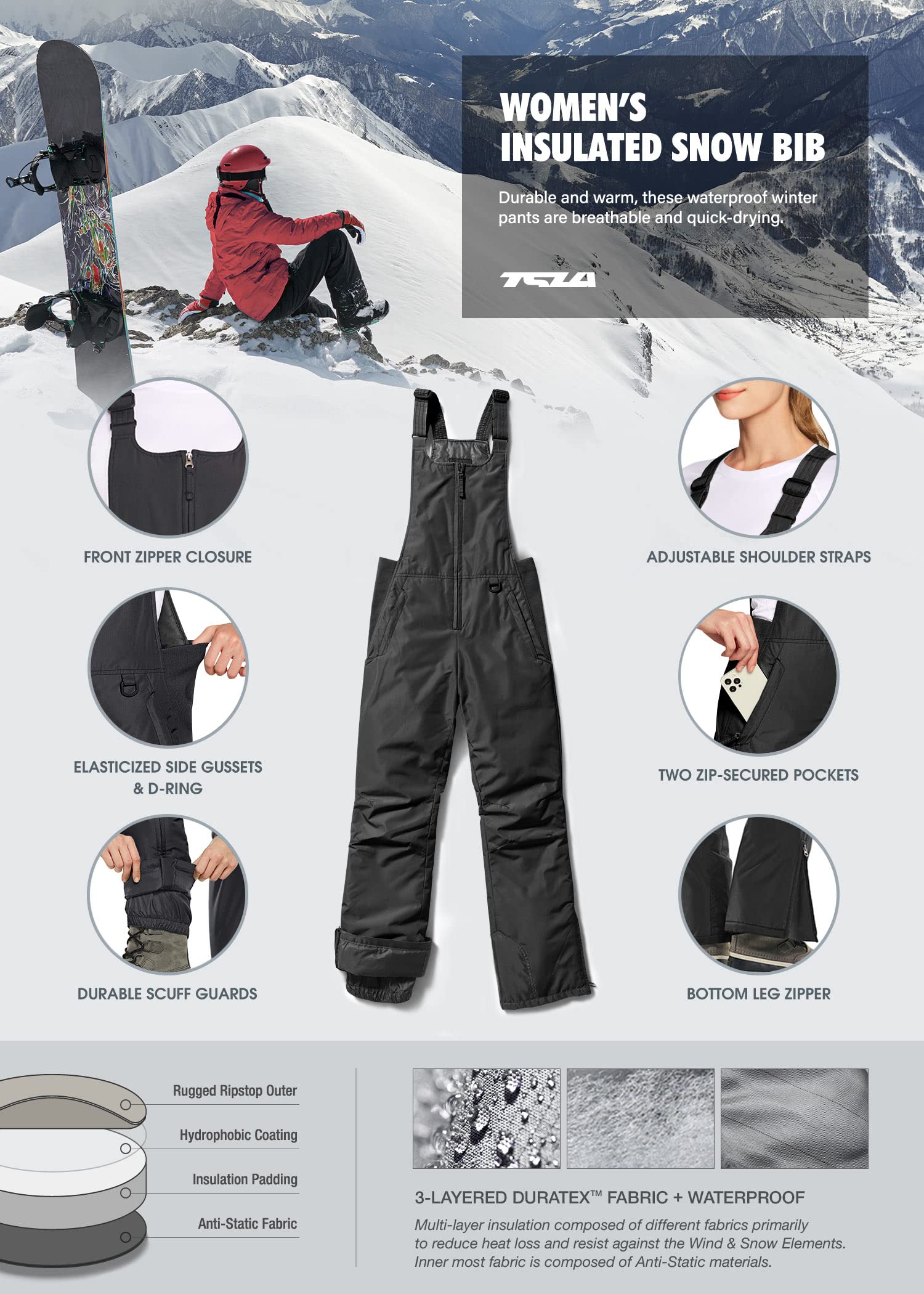 TSLA Women's Winter Snow Bibs, Waterproof Insulated Snowboard Overalls, Ripstop Ski Pants, Winter Snow Bib Black, Medium Short